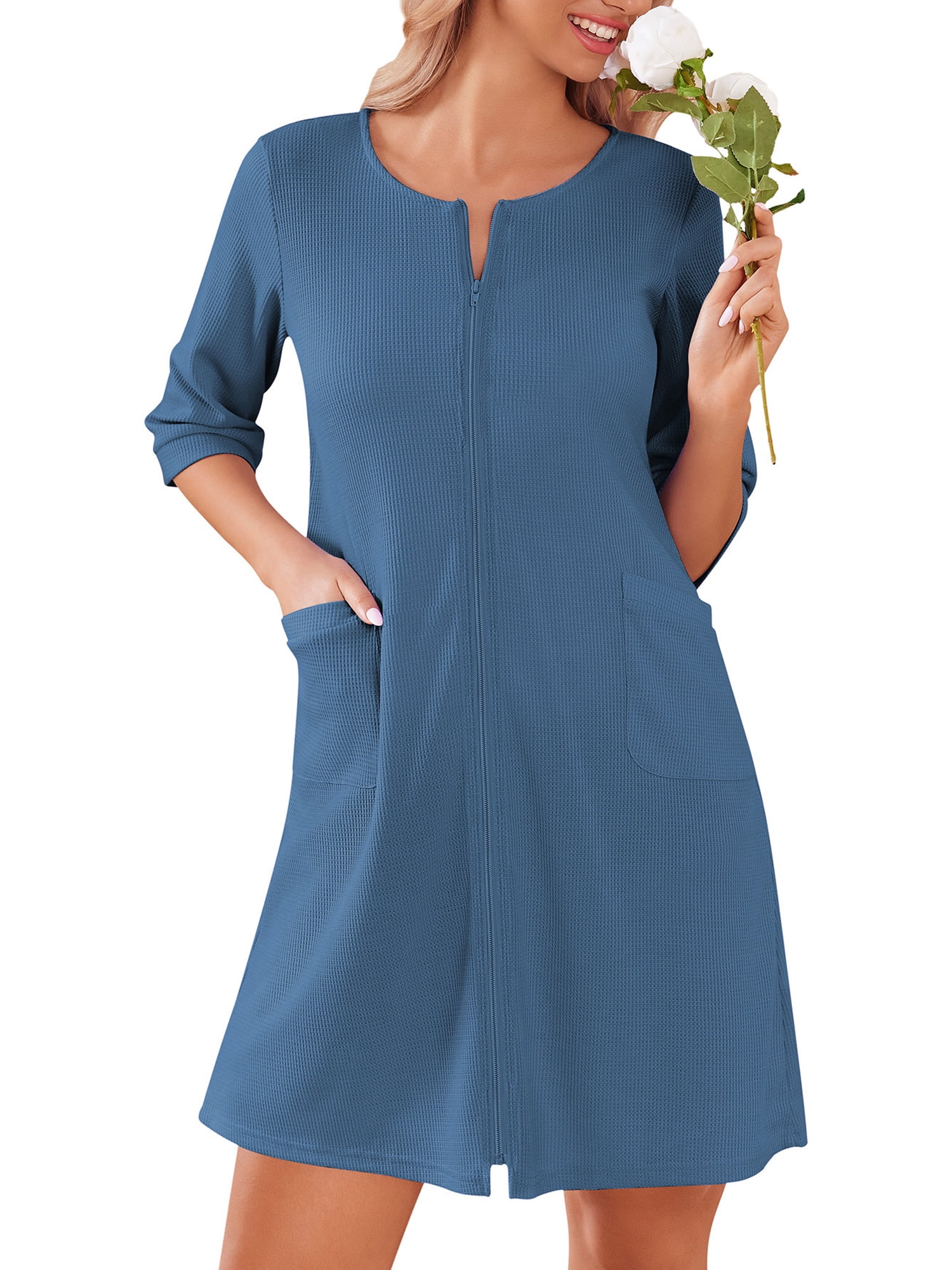 Avidlove Waffle Zip Up Robes for Women 3/4 Sleeve House Coat Knee ...