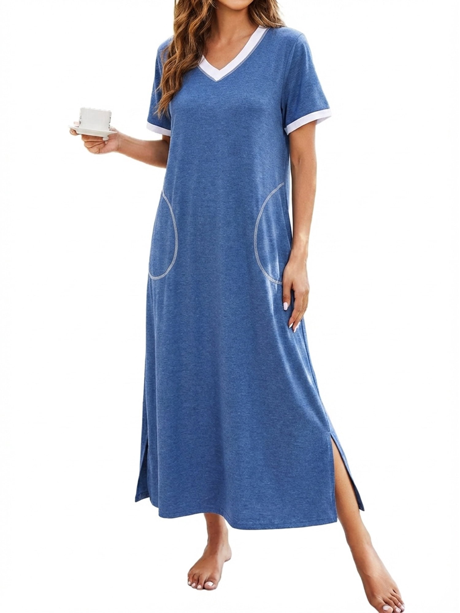 Avidlove Women Long Nightgowns Short Sleeve Full Length Nightshirt Side ...