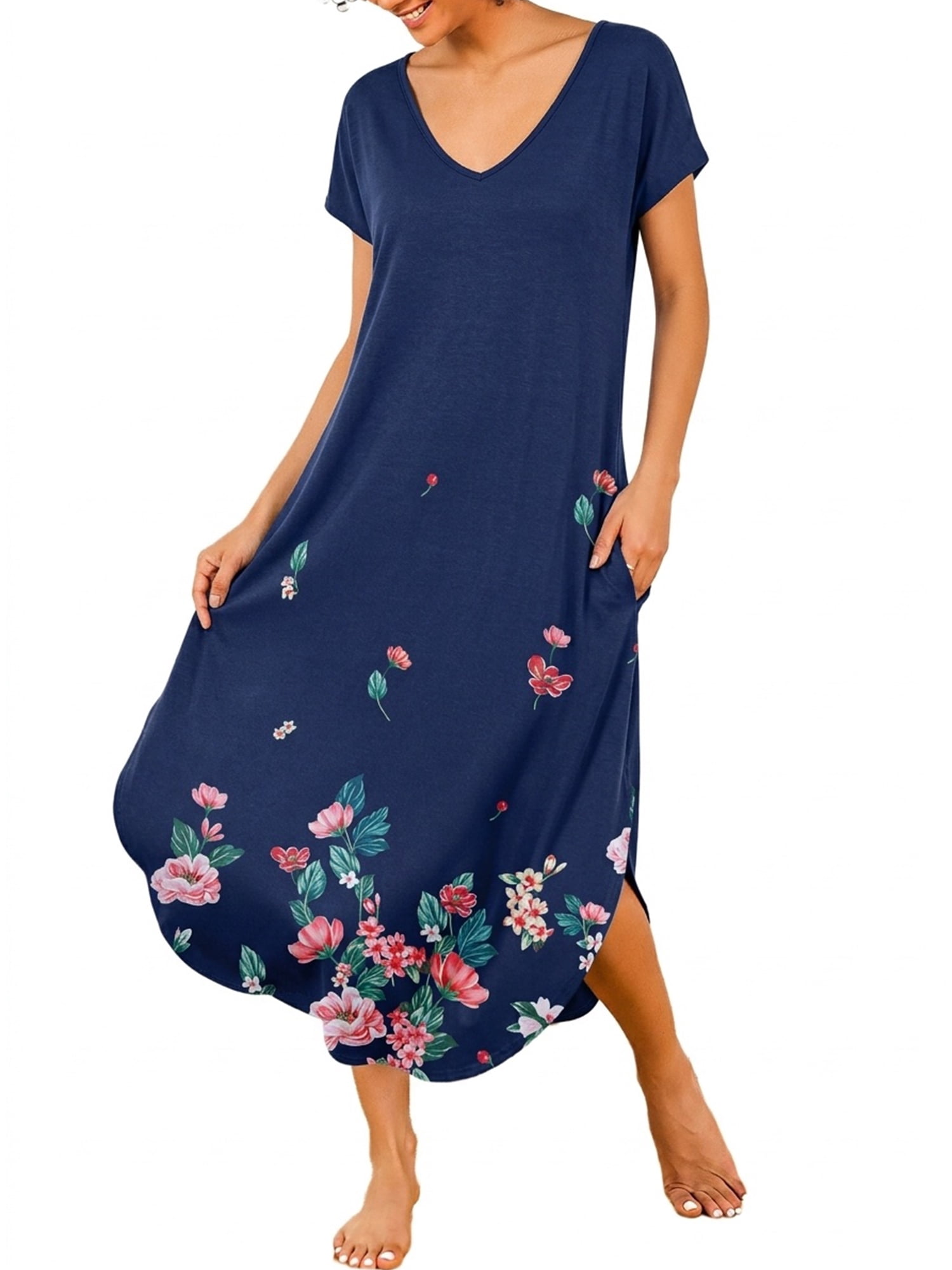 Avidlove Women Nightgowns Side Split Long Nightshirts Short Sleeve Soft ...