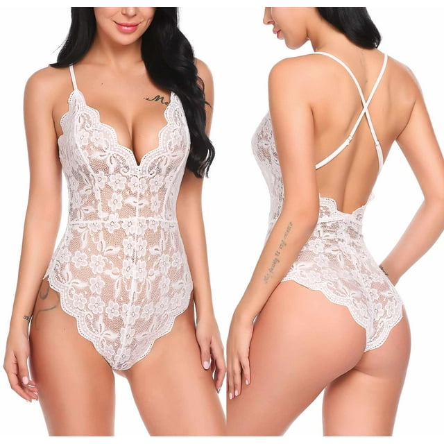 Avidlove Women One Piece Lingerie Deep V Teddy Sexy Lace Bodysuit White