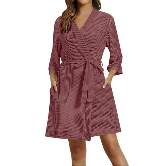 Aueoeo Knee Length Robes for Women Long Sleeve V Neck Bathrobe Soft ...