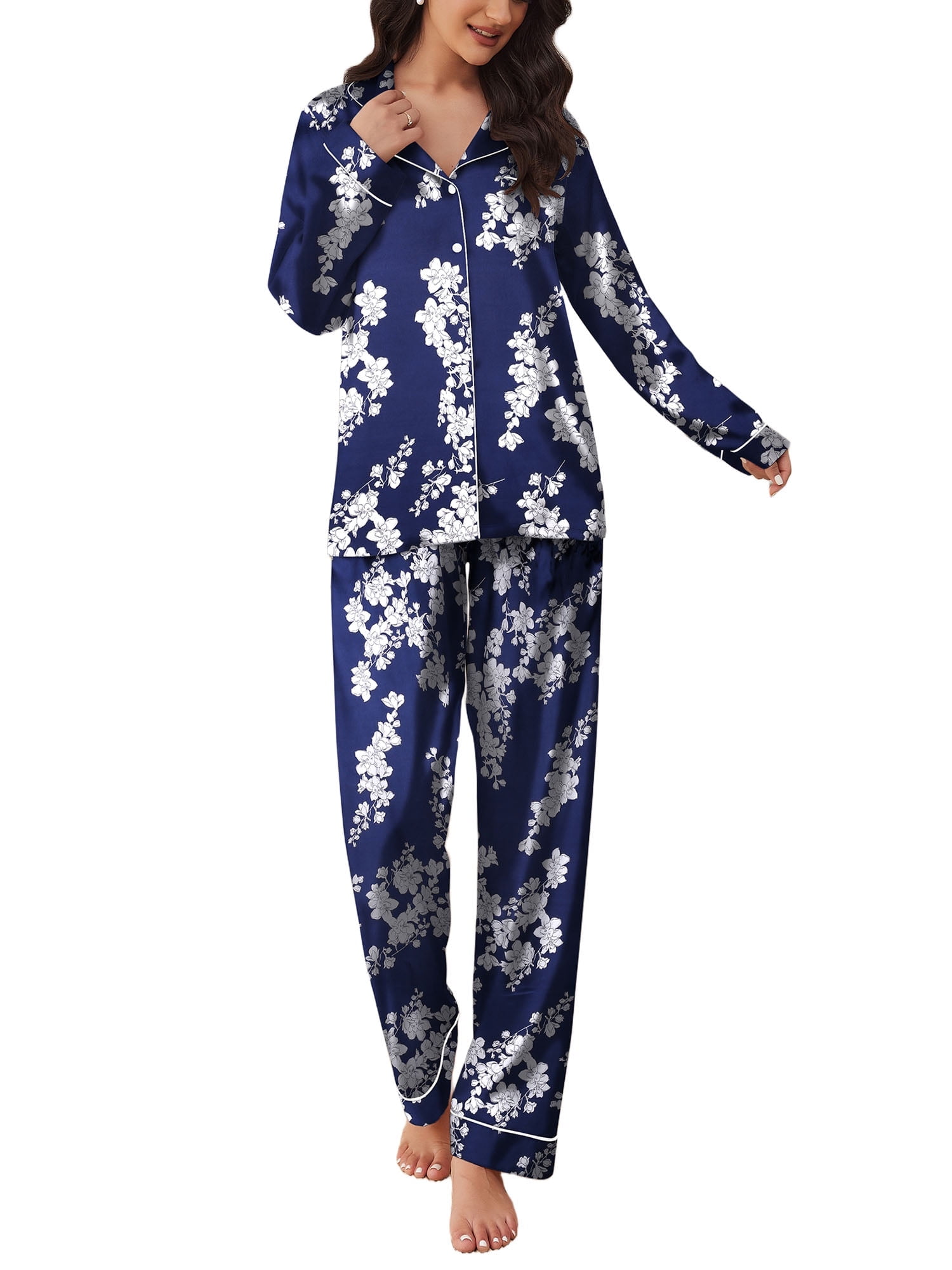Avidlove Women Satin Pajama Set Silky Long Sleeve Sleepwear Soft Floral ...