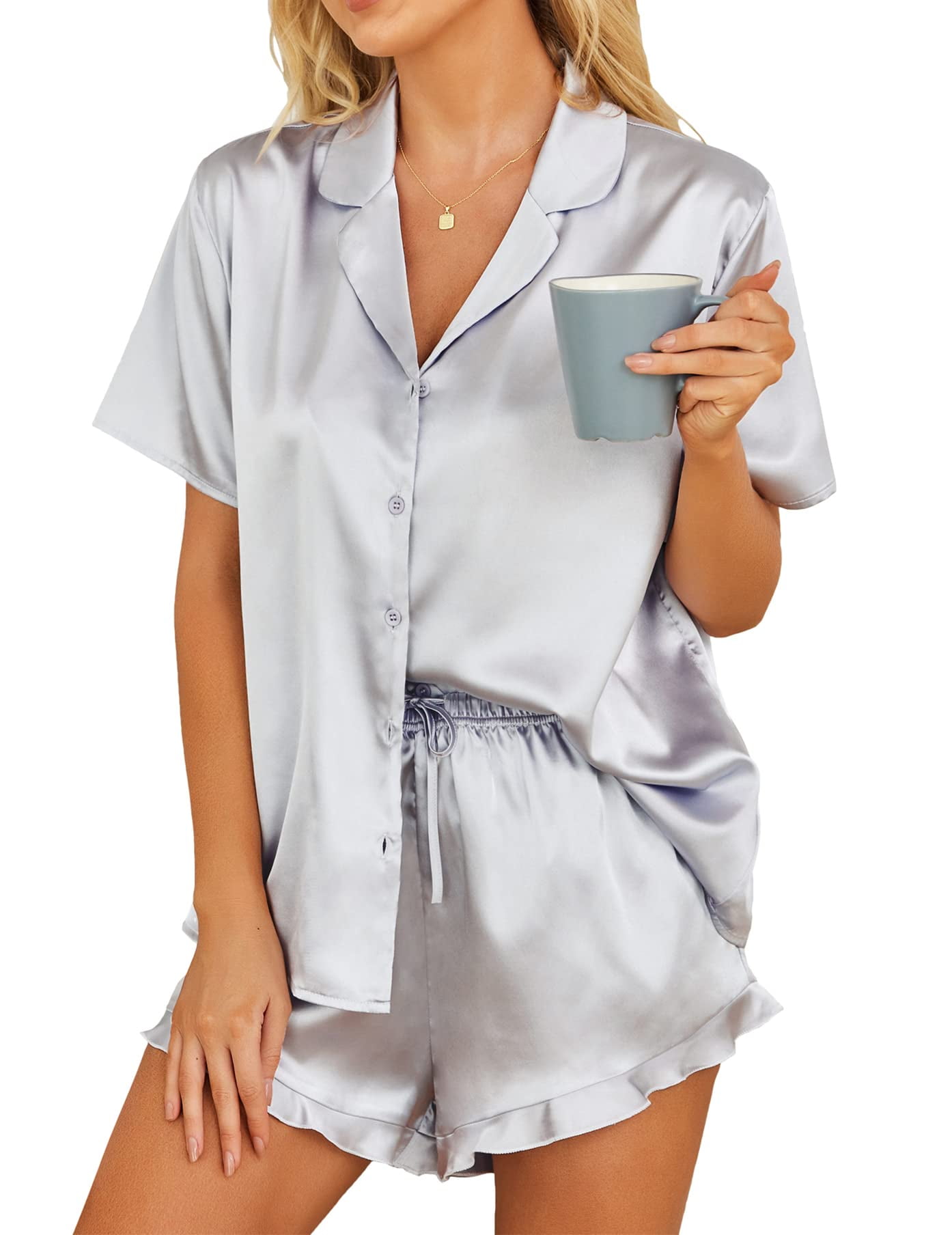 Avidlove Women Satin Pajama Set Silky Short Sleeve Sleepwear with ...