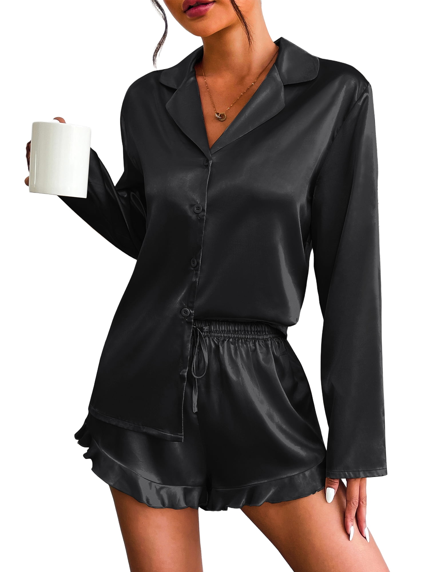 Avidlove Women Satin Pajama Sets Pink Leopard Long Sleeve Button Down ...