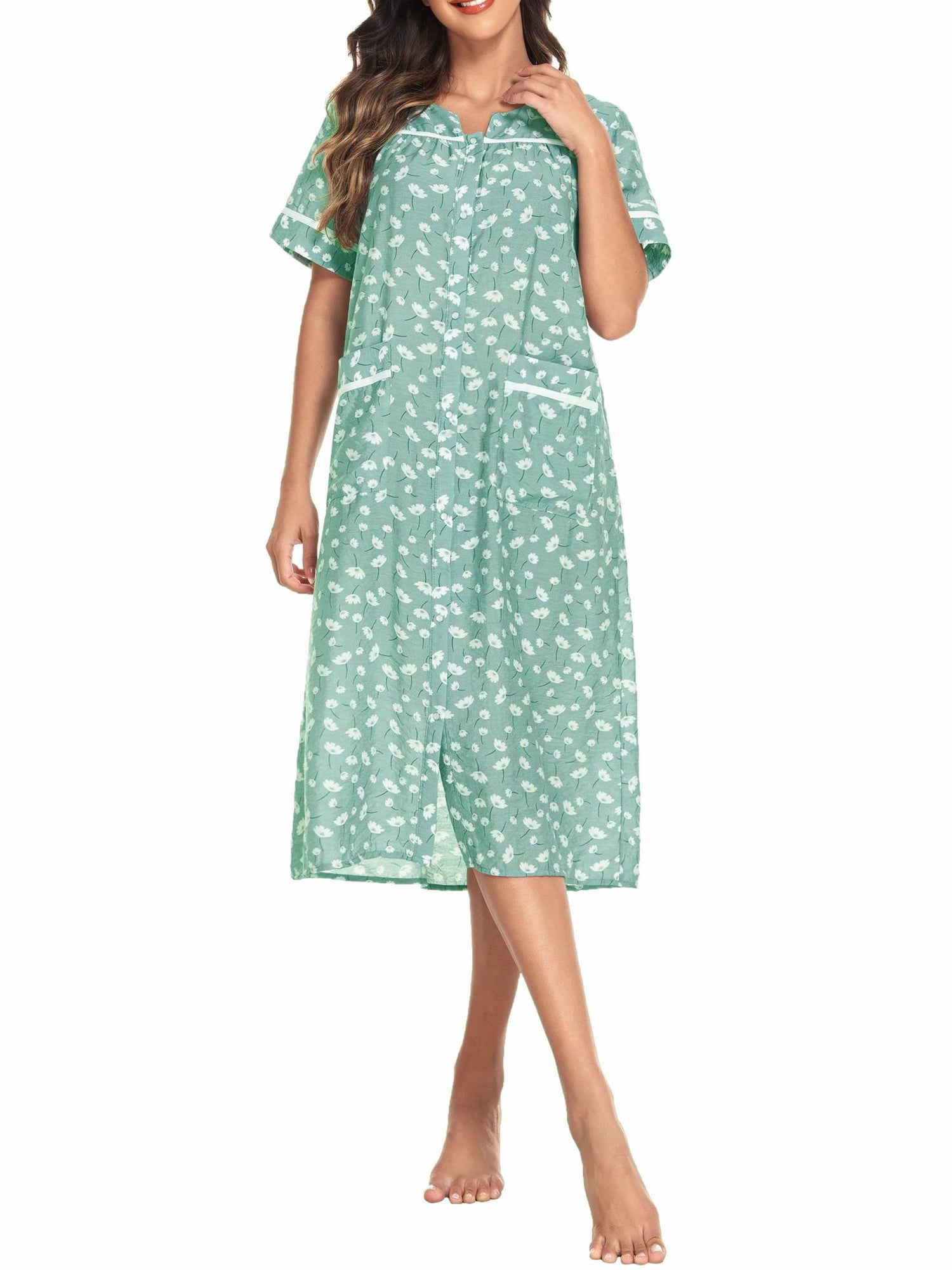 Avidlove Women Snap Front Dusters Housecoat Cotton Long Nightgown Short ...