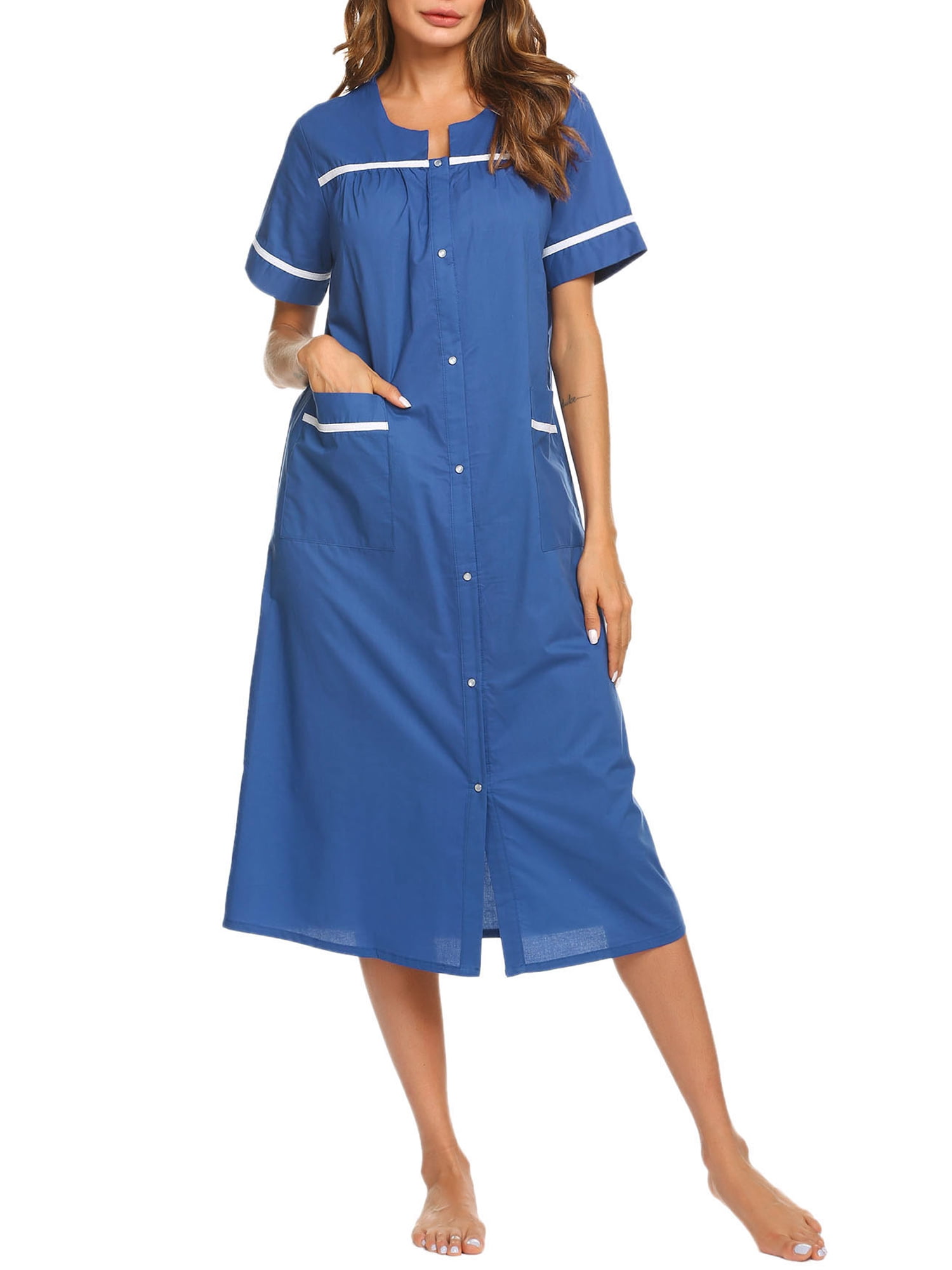Avidlove Women Snap Front Dusters Housecoat Cotton Long Nightgown Short Sleeve House Robe Dress ...