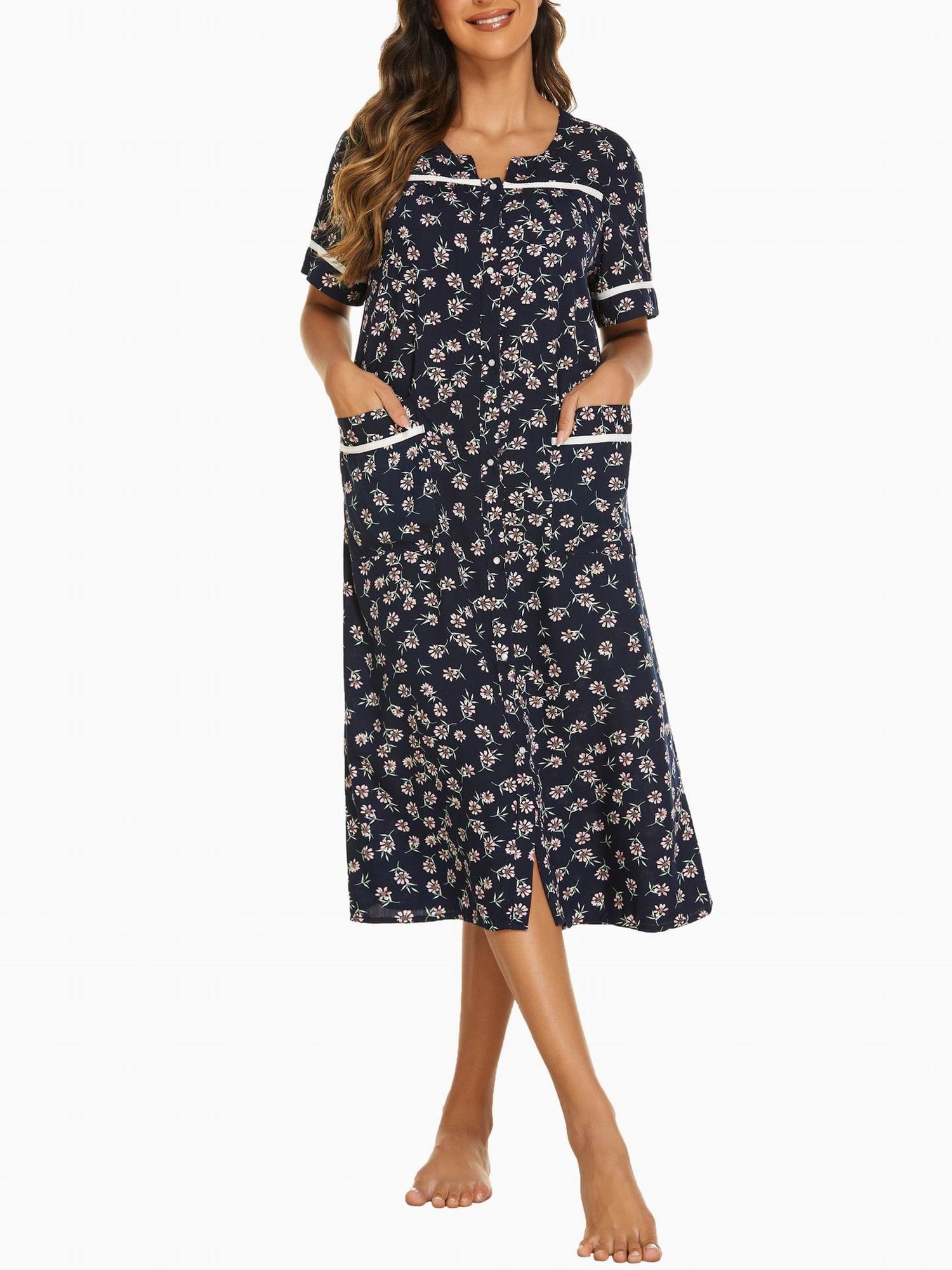 Avidlove Women Snap Front Dusters Housecoat Cotton Long Nightgown Short ...