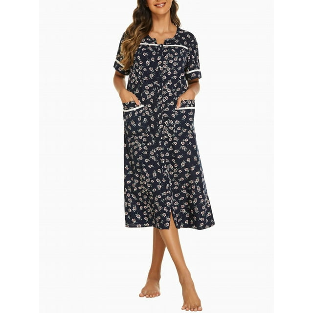 Avidlove Women Snap Front Dusters Housecoat Cotton Long Nightgown Short ...