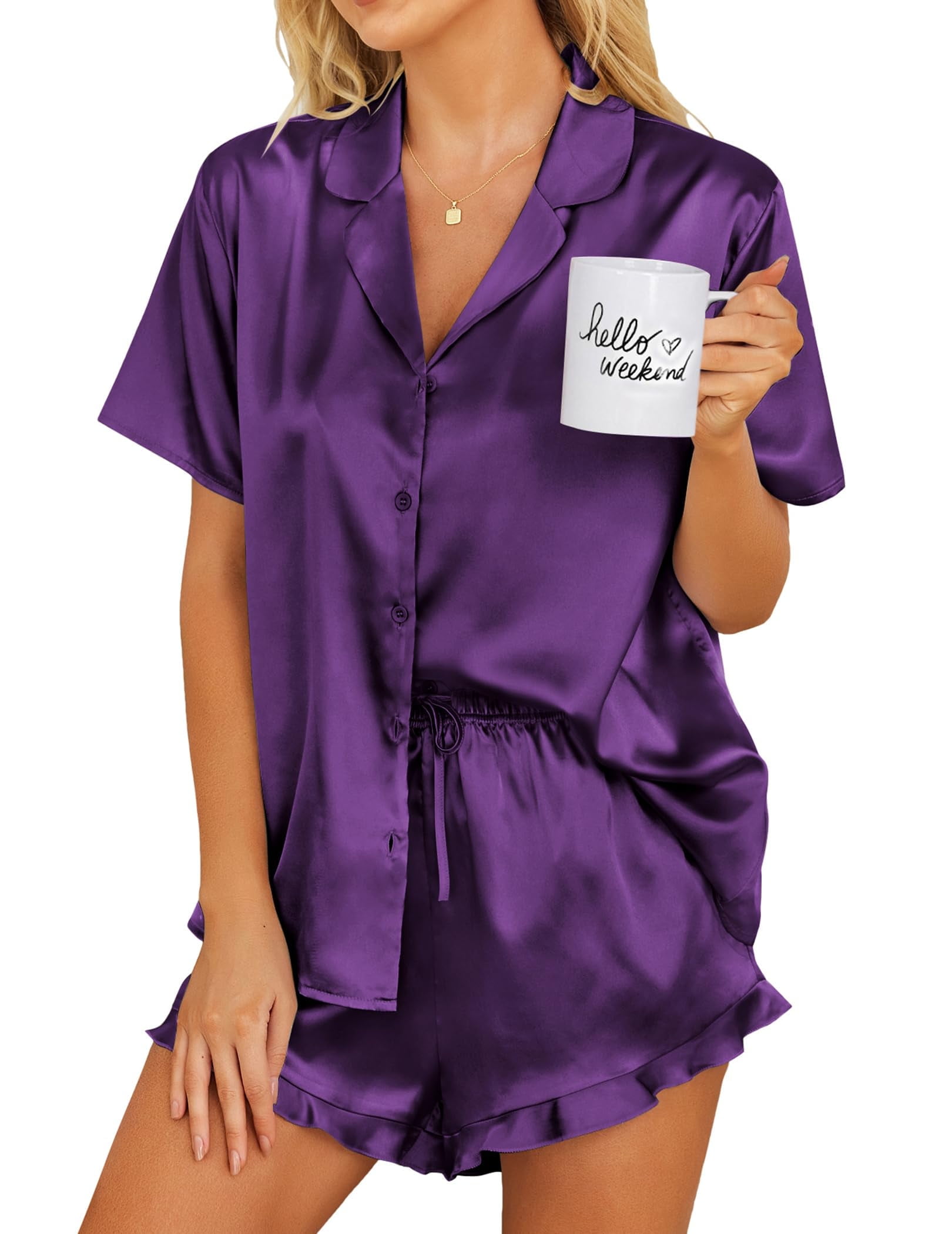 Avidlove Women Solid Satin Pajama Set Silky Short Sleeve Sleepwear with ...