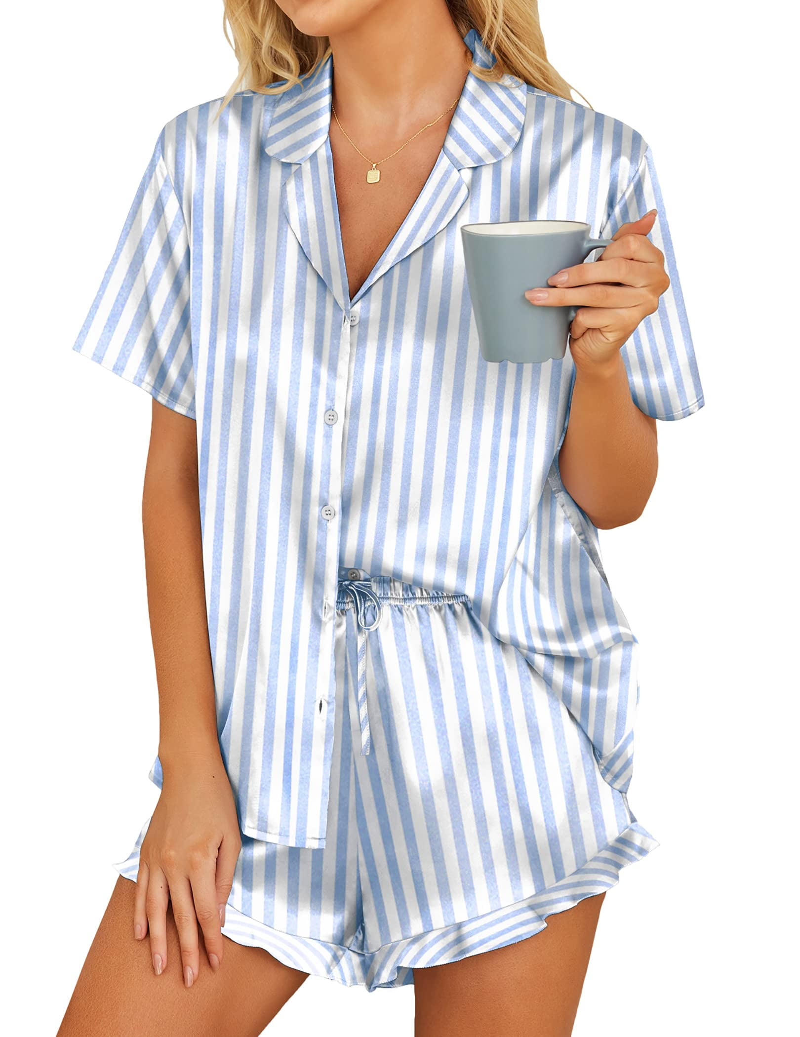 Avidlove Women Striped Satin Pajama Set Silky Short Sleeve Sleepwear ...