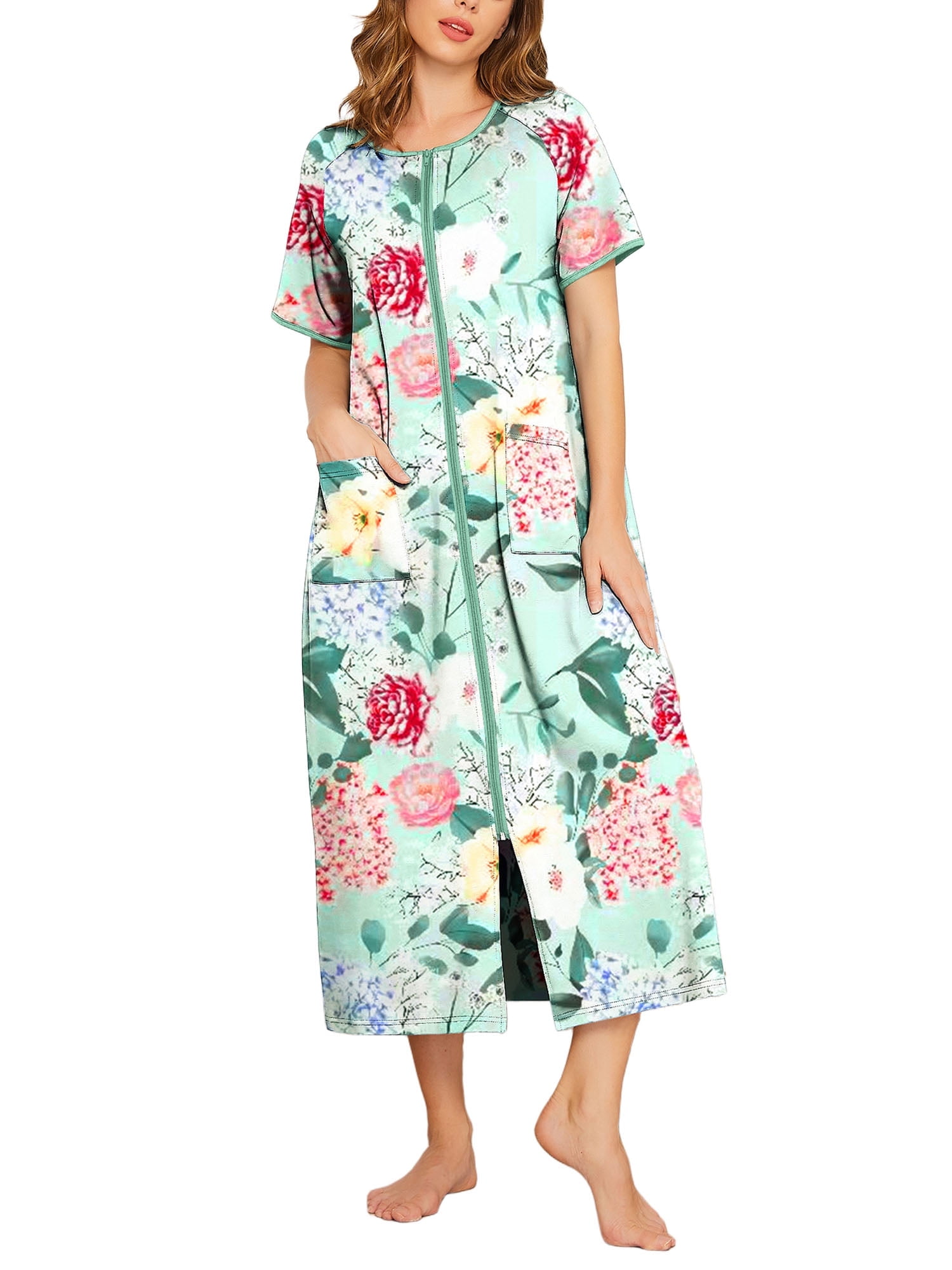 Avidlove Women Zipper Front Robes Full Length Housecoat Short Sleeve ...