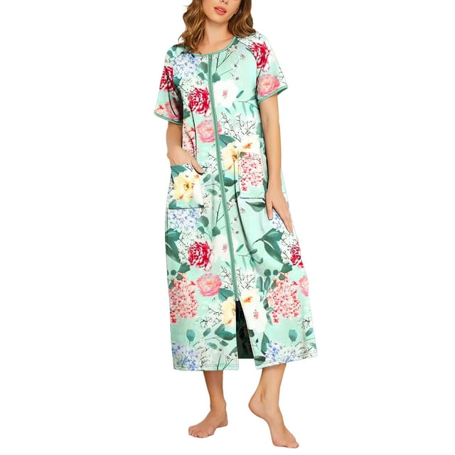 Avidlove Women Zipper Front Robes Full Length Housecoat Short Sleeve ...