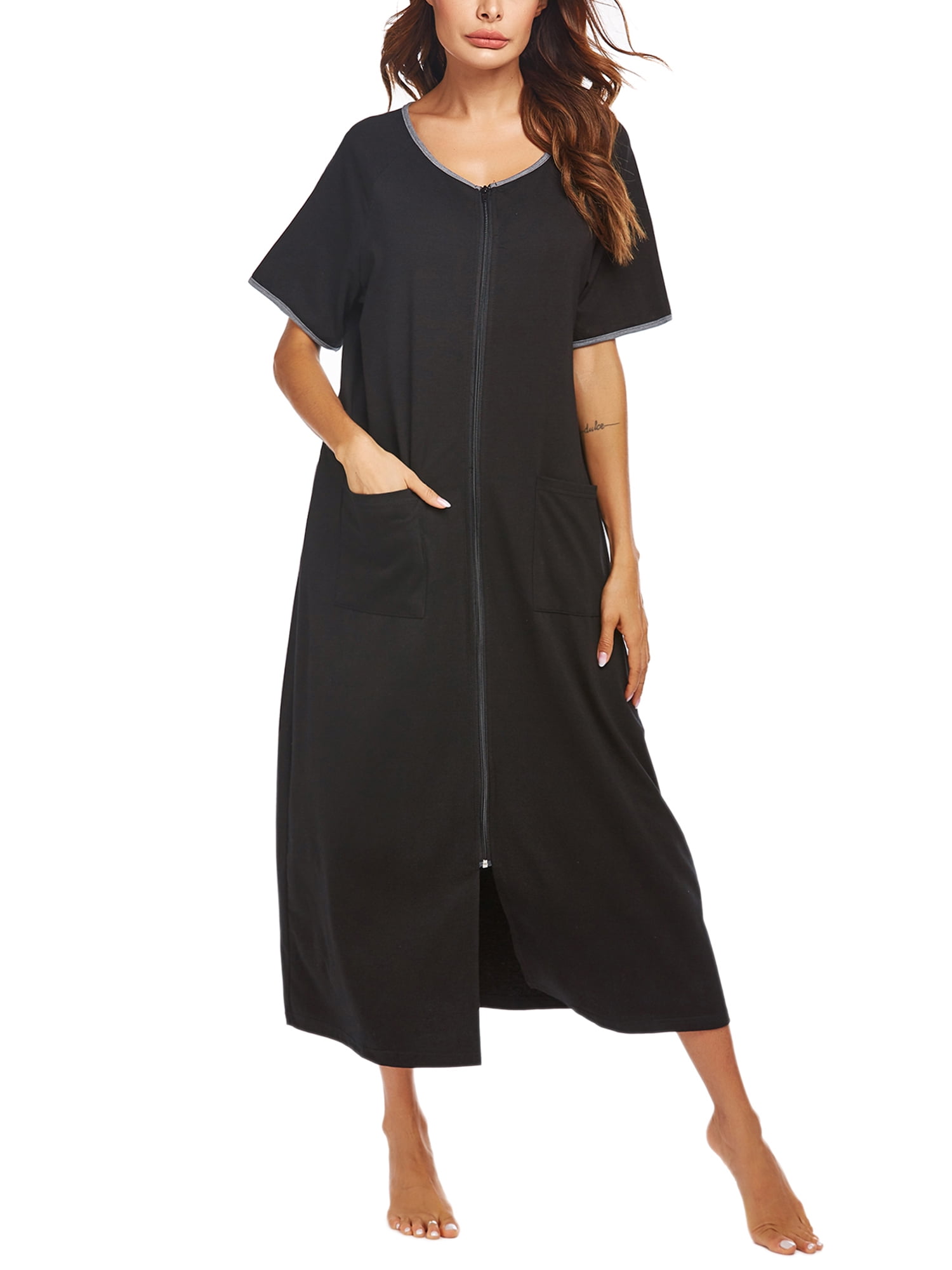 Avidlove Women Zipper Front Robes Full Length Housecoat Short Sleeve ...