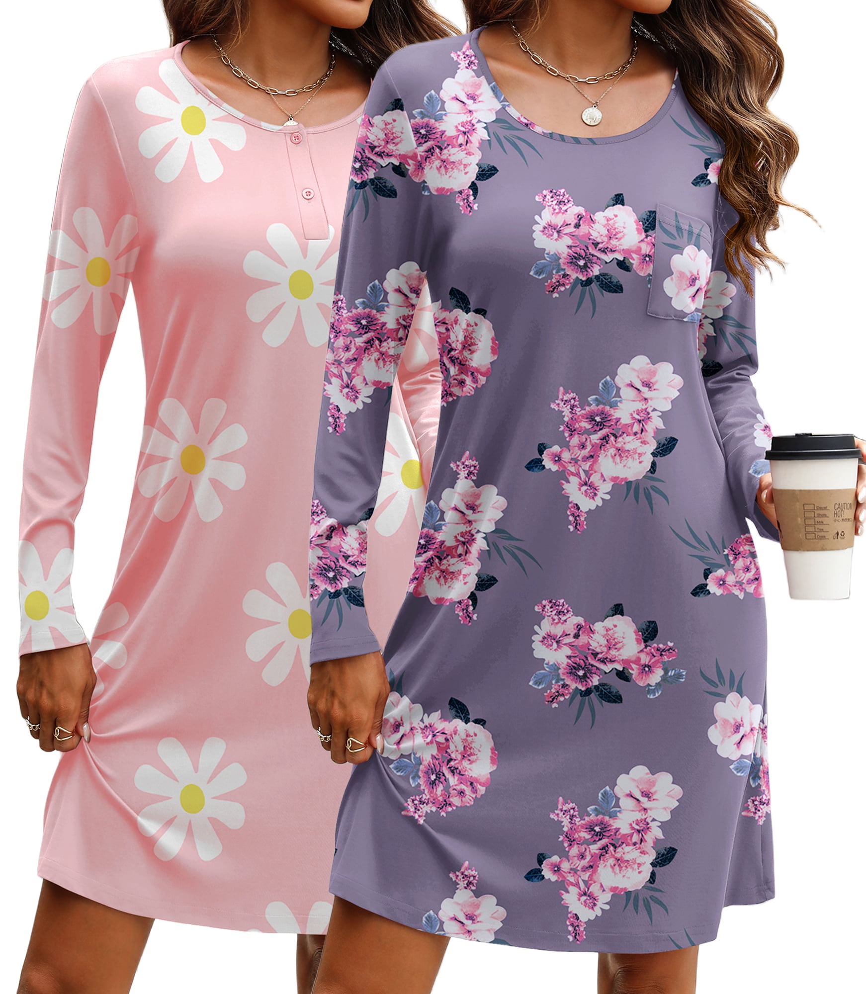 Avidlove Women's 2 Pack Nightgowns Long Sleeve Henley Neck Pajamas ...