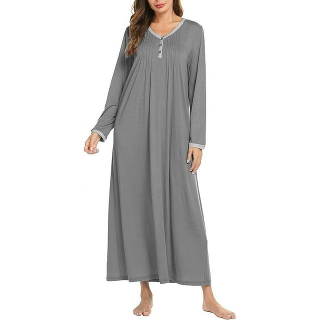 Avidlove Women's Long Sleeve Nightgown Long Sleepshirts Henley Sleep Dress Full Length Sleepwear ...