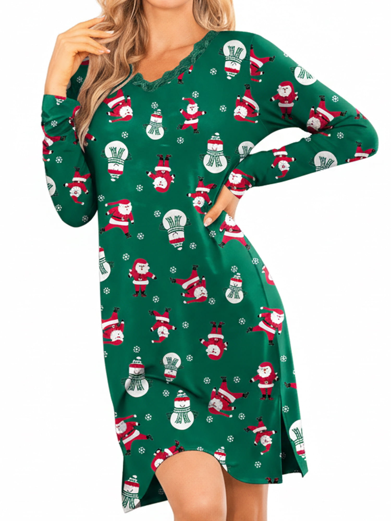Avidlove Women's Long Sleeve Nightgowns Christmas Green Sexy Lace V ...
