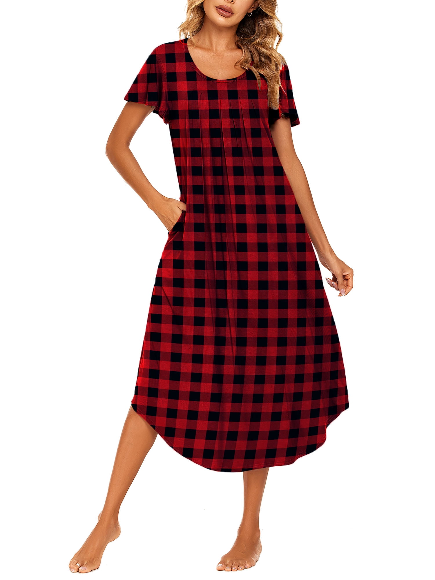 Avidlove Women's Short Sleeve Nightgown Long Nightshirts Pleated Sleep ...