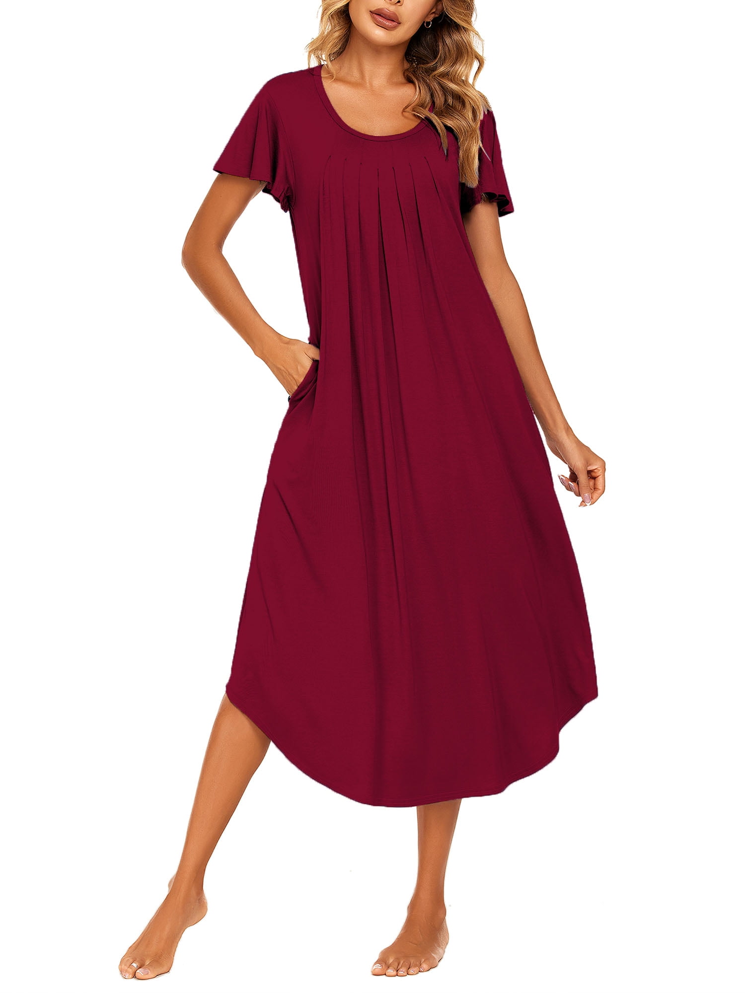 Avidlove Women's Short Sleeve Nightgown Long Nightshirts Pleated Sleep ...