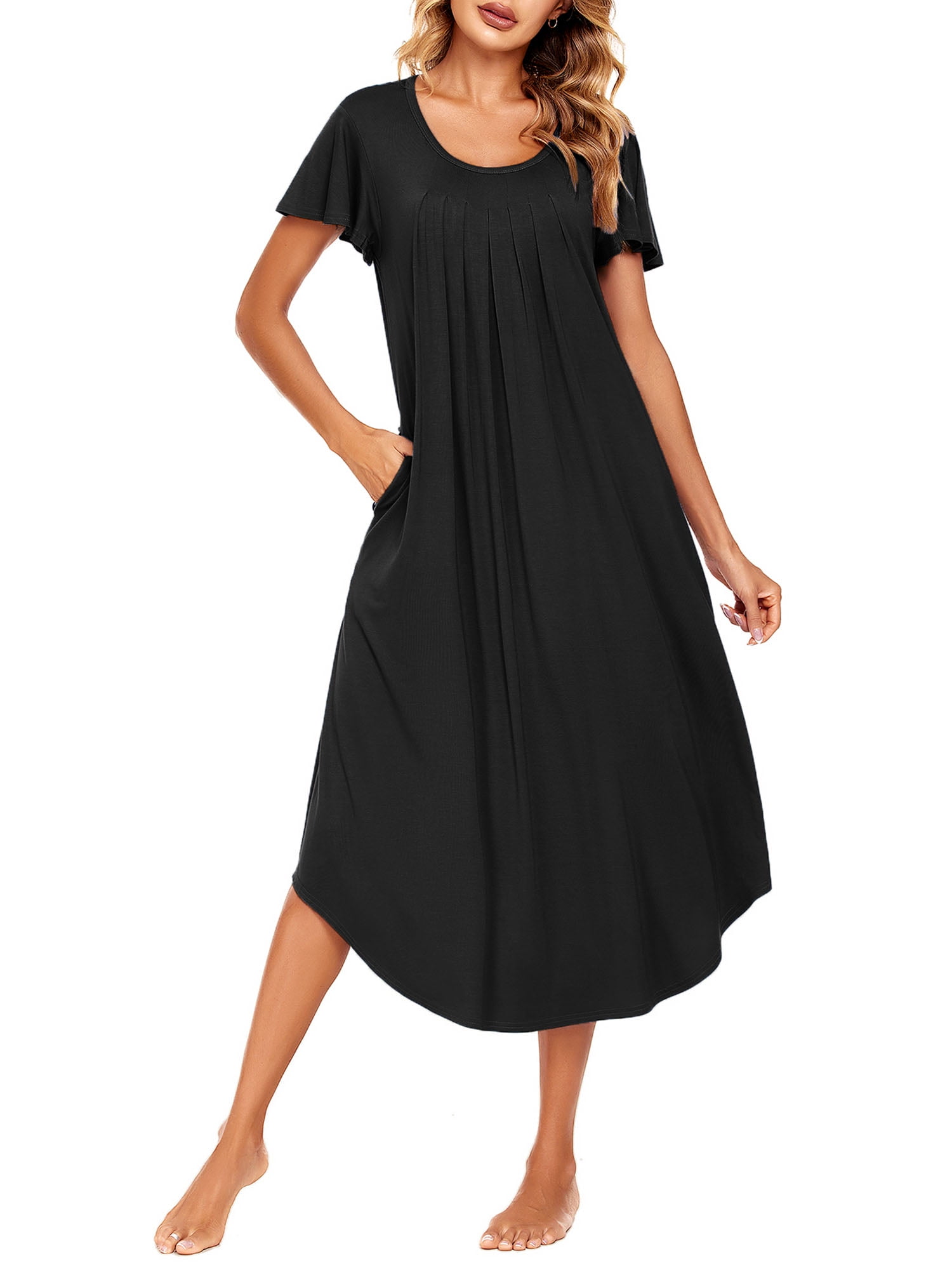 Avidlove Women's Short Sleeve Nightgown Long Nightshirts Pleated Sleep ...