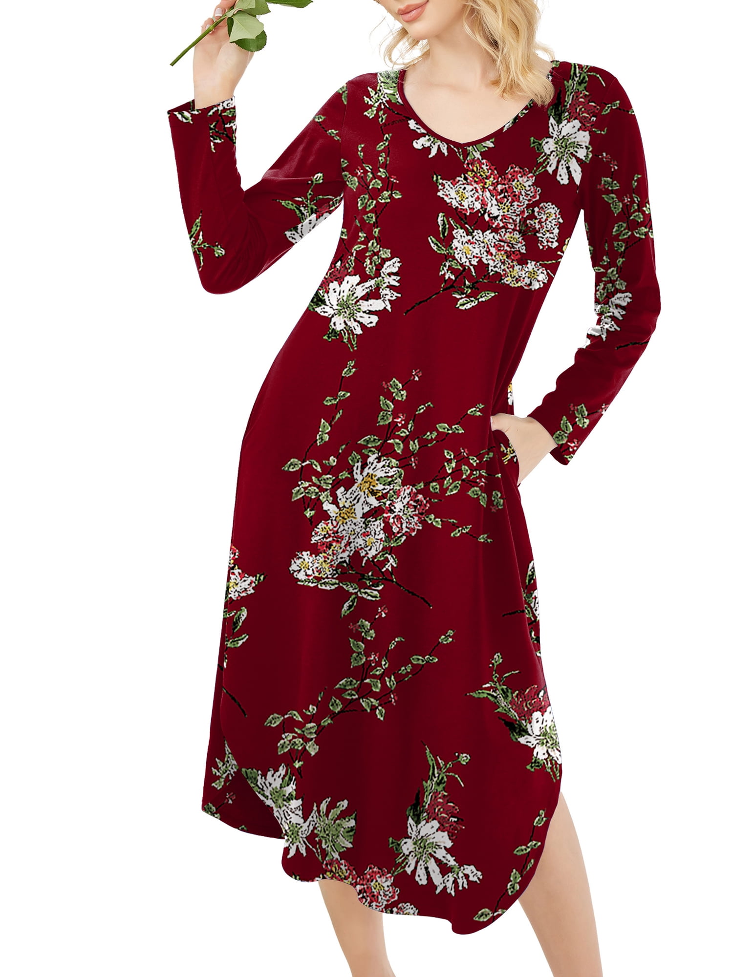 Avidlove Womens Long Sleeve Nightgown Floral V Neck Nightshirts T-shirt ...