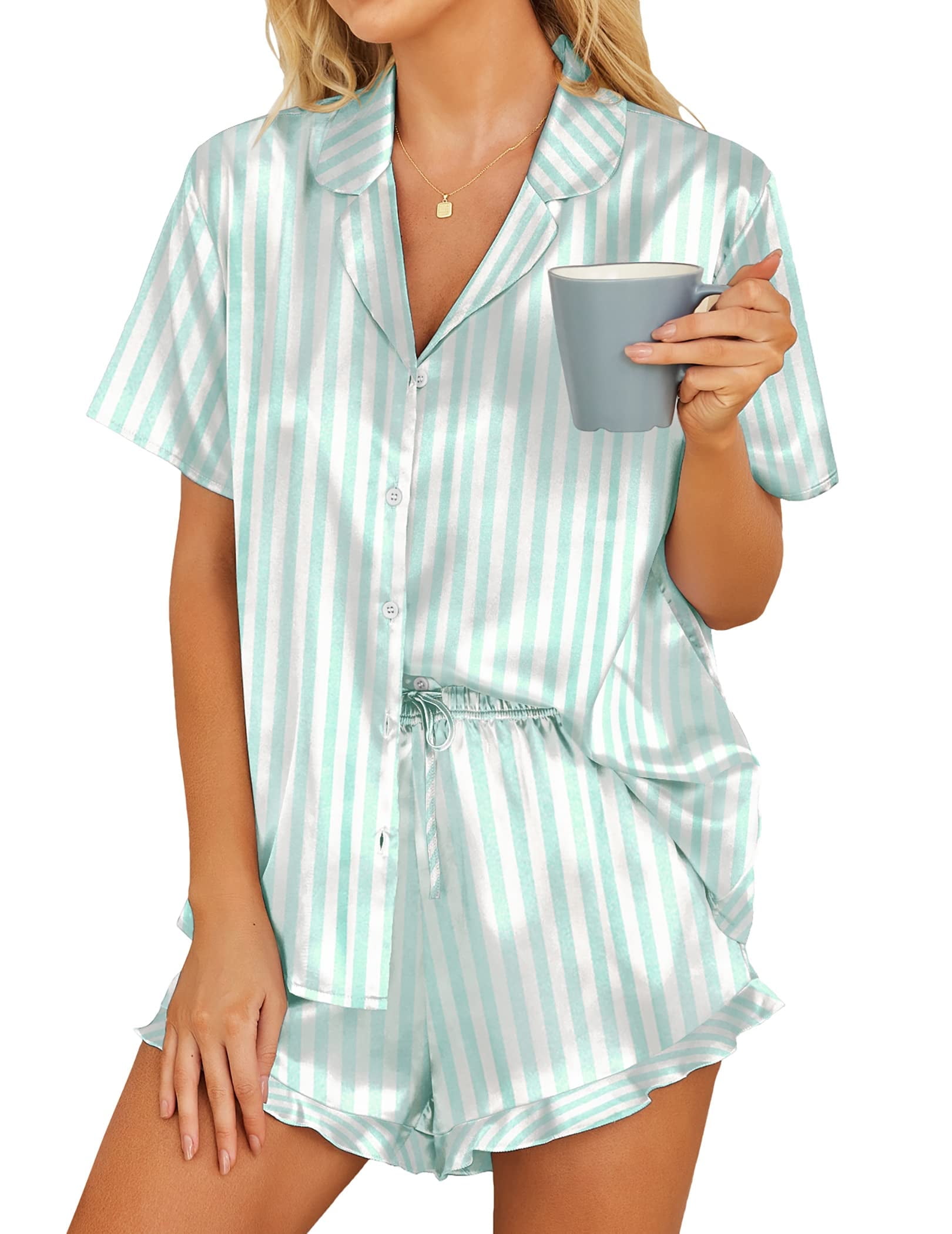 Avidlove Women Striped Satin Pajama Set Silky Short Sleeve Sleepwear ...