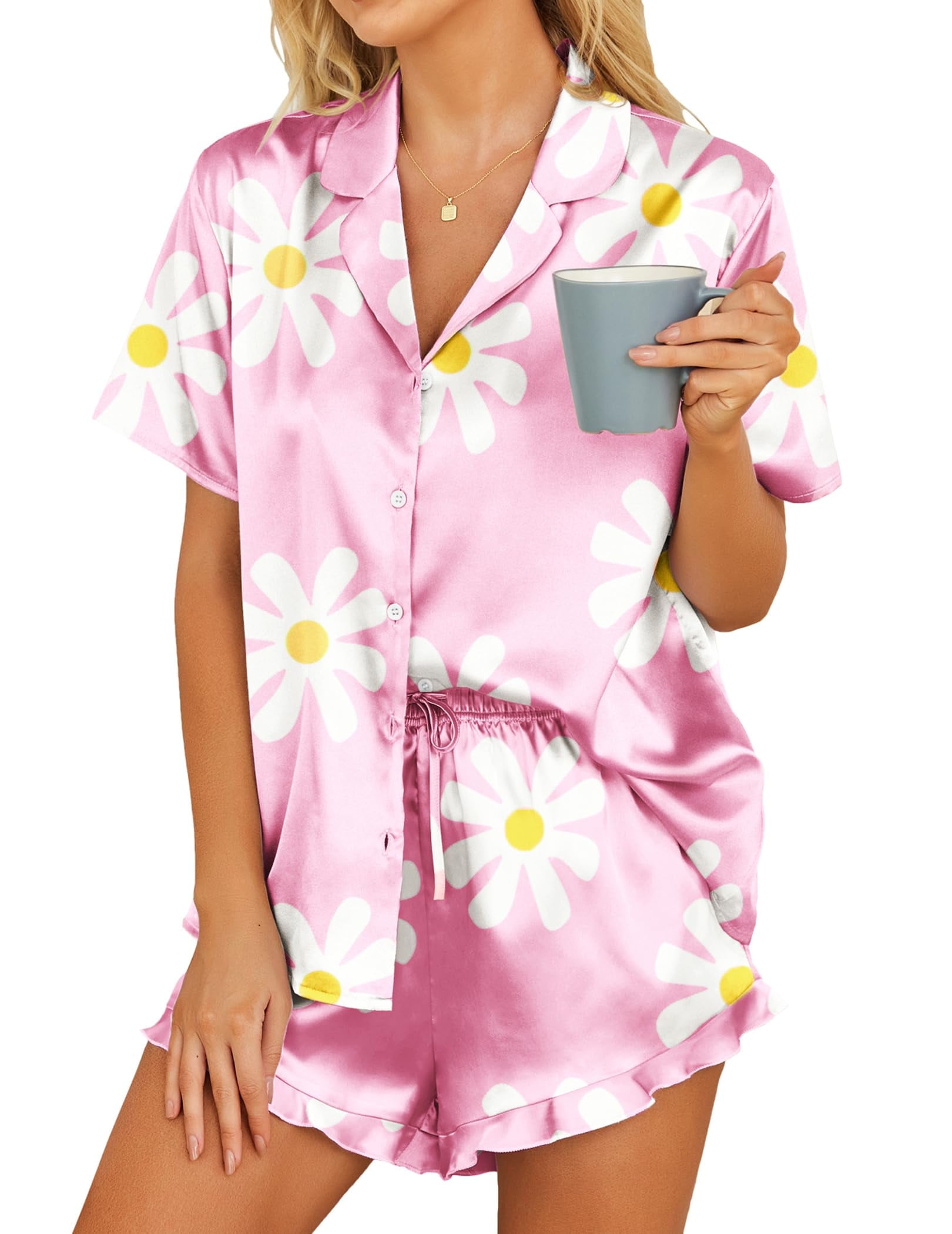 Avidlove Women Floral Satin Pajama Set Silky Short Sleeve Sleepwear ...