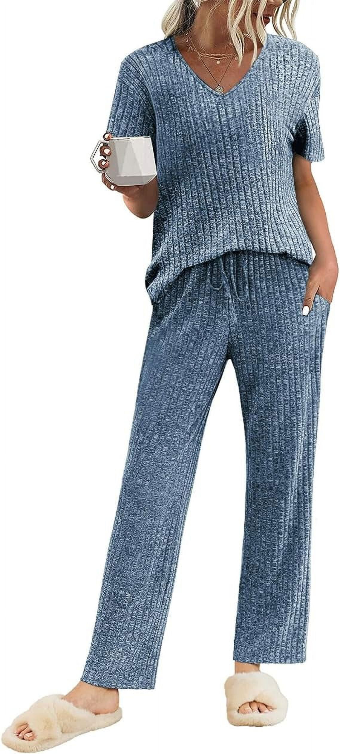 Avidlove Pajama Set for Women Ribbed Knit Lounge Set Short Sleeve Pj Tops and Long Pants Two ...