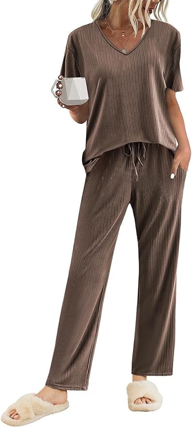 Avidlove Pajama Set for Women Ribbed Knit Lounge Set Short Sleeve Pj ...