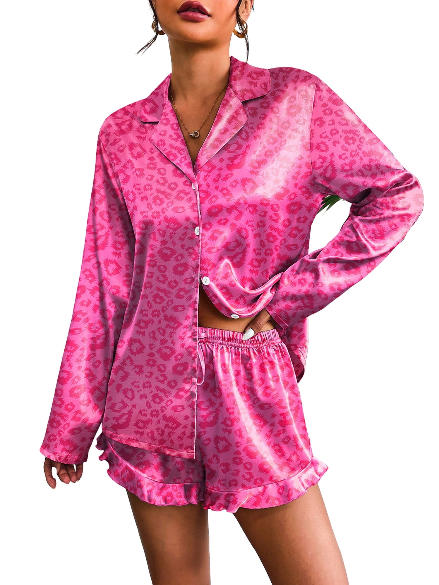 Avidlove Women Satin Pajama Sets Pink Leopard Long Sleeve Button Down ...