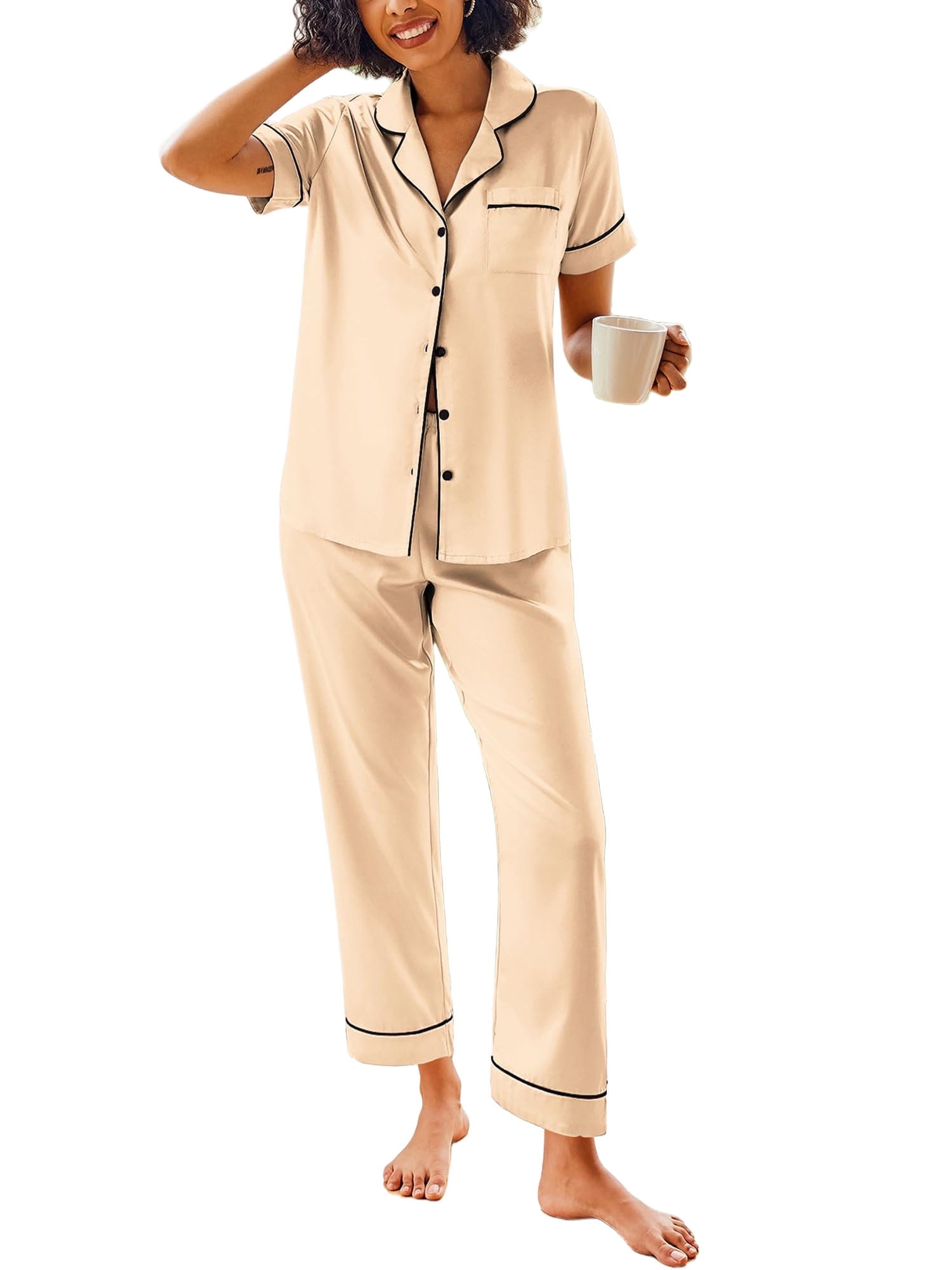 Avidlove Womens Satin Pajama Sets Silky Sleepwear Short Sleeve Button ...