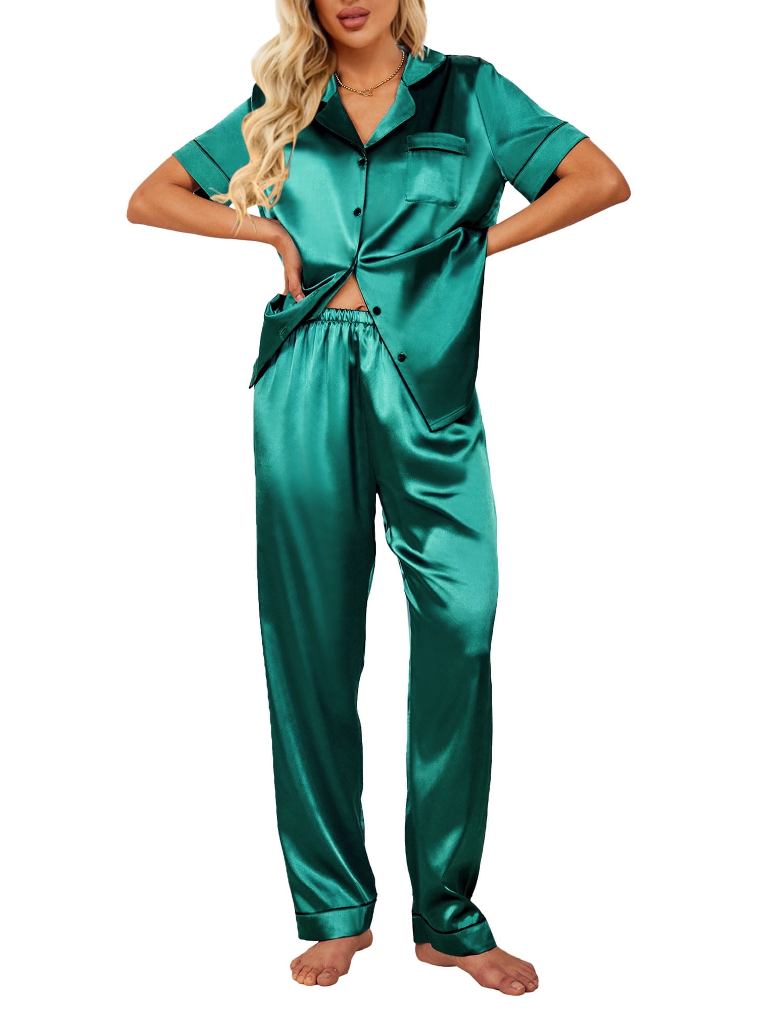 Avidlove Womens Satin Pajama Sets Silky Sleepwear Short Sleeve Button ...