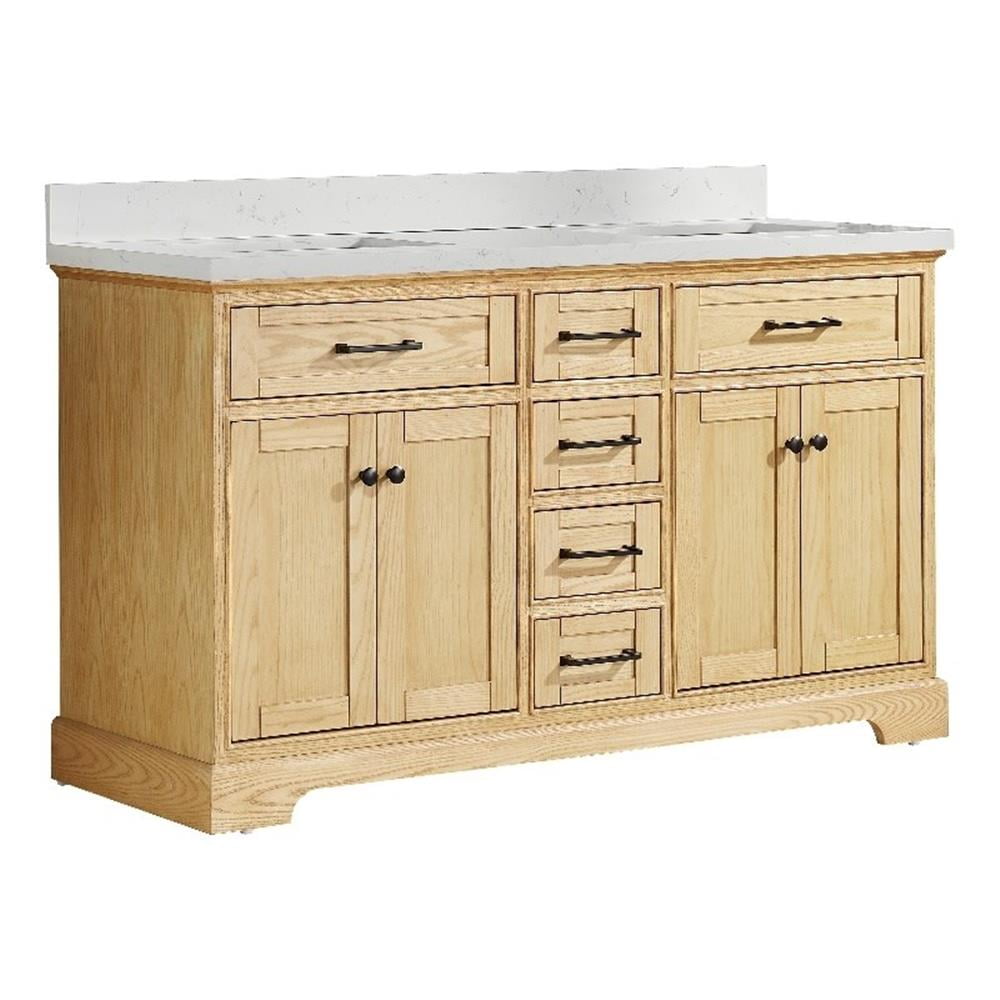 Avila 60 inch wood veneer double sink vanity with marble and ceramic ...