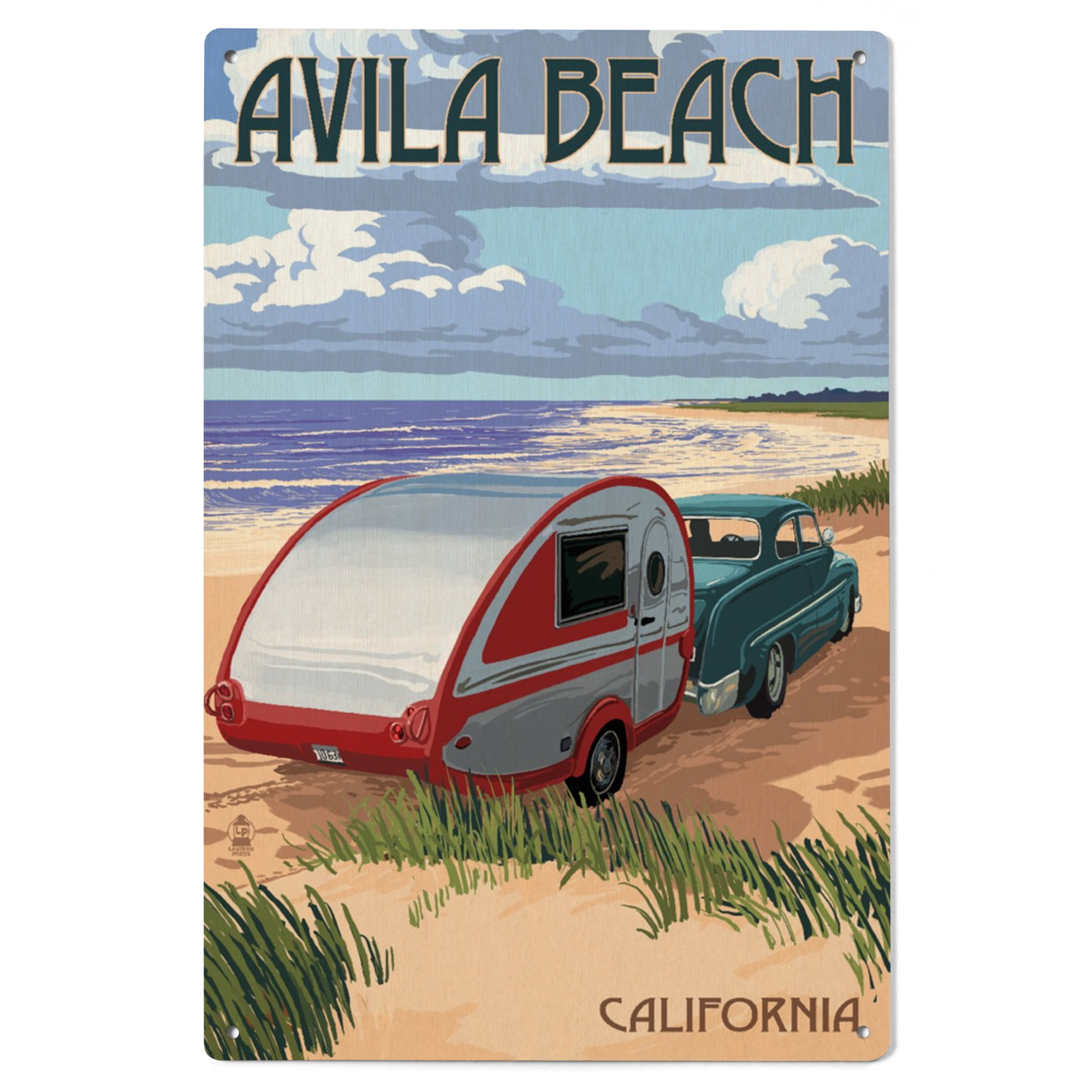 Avila Beach, California, Retro Camper on Beach Birch Wood Wall Sign ...