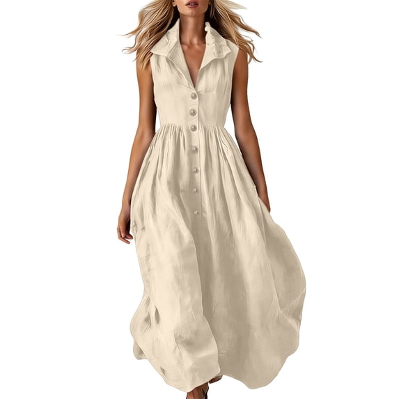 Avirosel Ladies' Casual Solid Color Sleeveless Button Up Lapel Dress ...