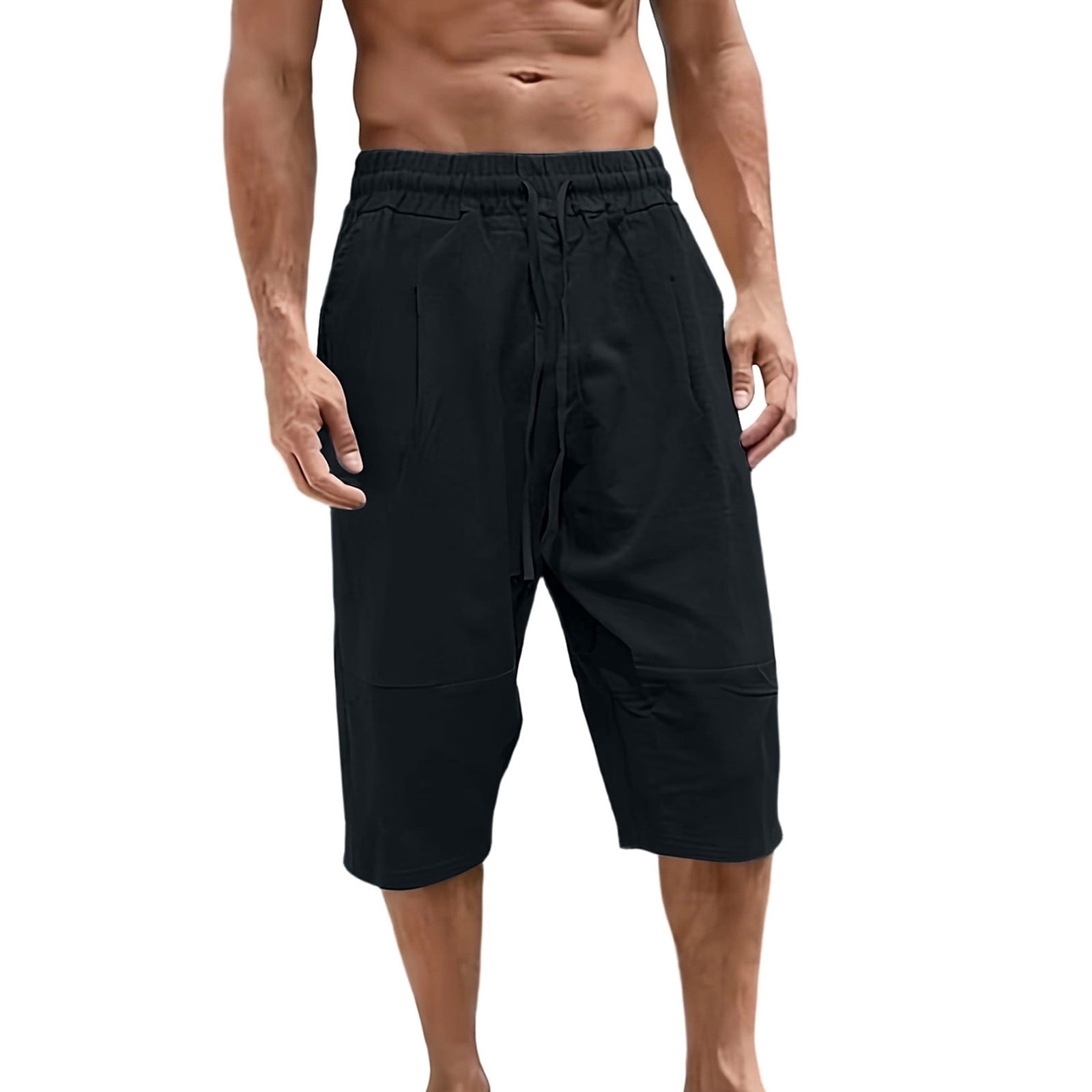 Avirosel Men's Capri Harem Pants Casual Solid Linen Loose Drawstring ...