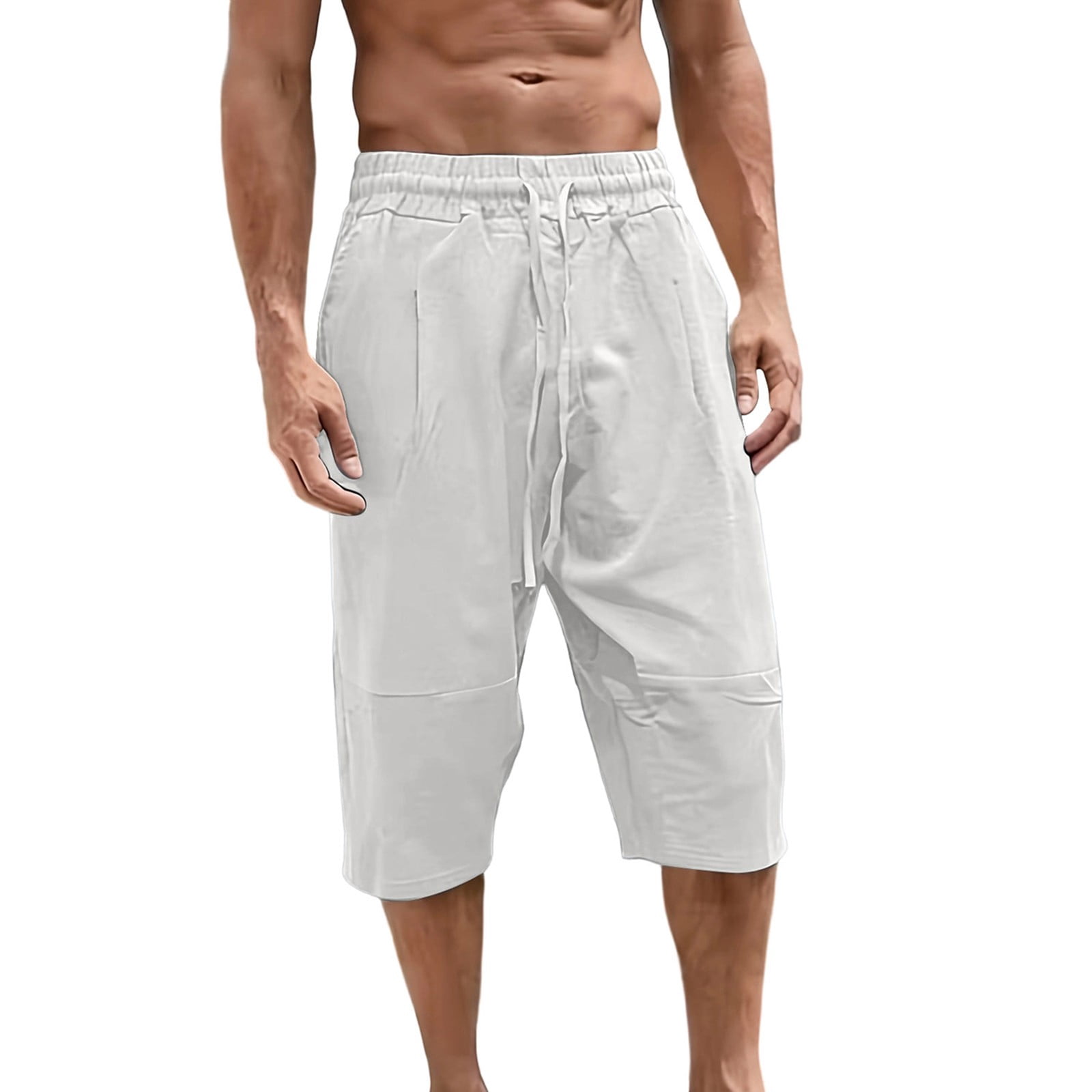 Avirosel Men's Capri Harem Pants Casual Solid Linen Loose Drawstring ...