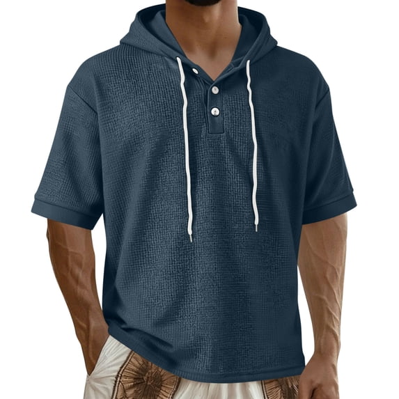 Avirosel Men's Casual Short Sleeve Hooded T-shirt Solid Color Button Up ...