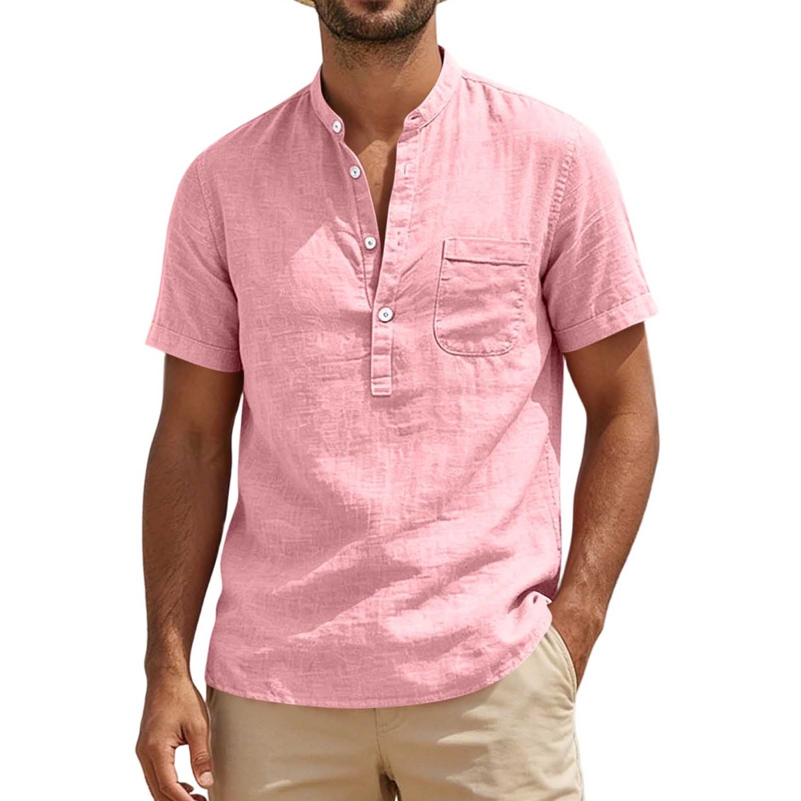 Avirosel Men's Cotton Henley Shirt Casual Short Sleeve Stand-up Collar ...
