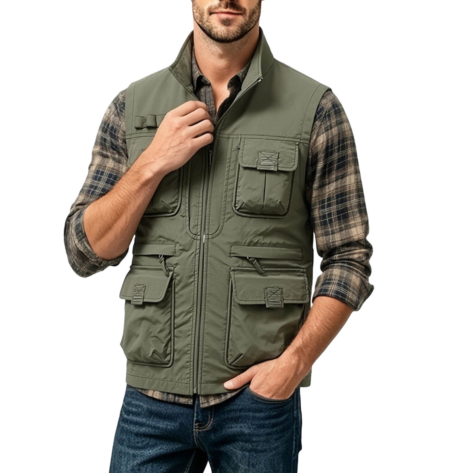 Avirosel Men's Multi-Pocket Casual Jacket Solid Color Thin Stand Collar ...