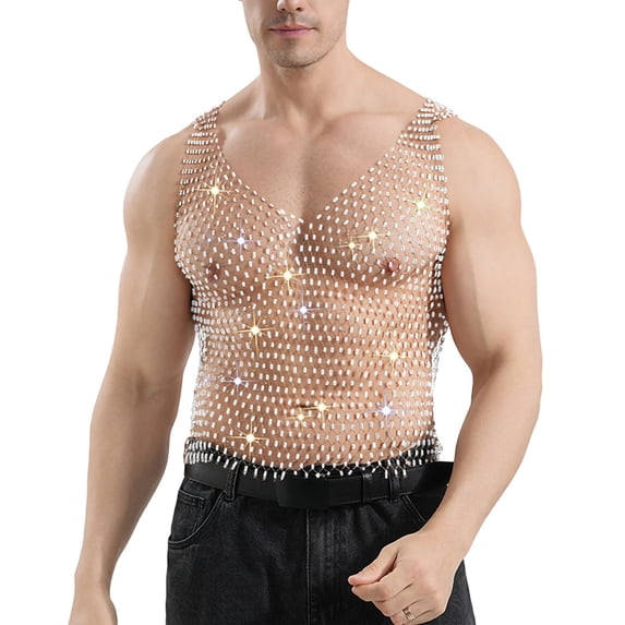 Avirosel Men's Rhinestone Mesh Top Sleeveless Sexy V Neck Fishnet ...