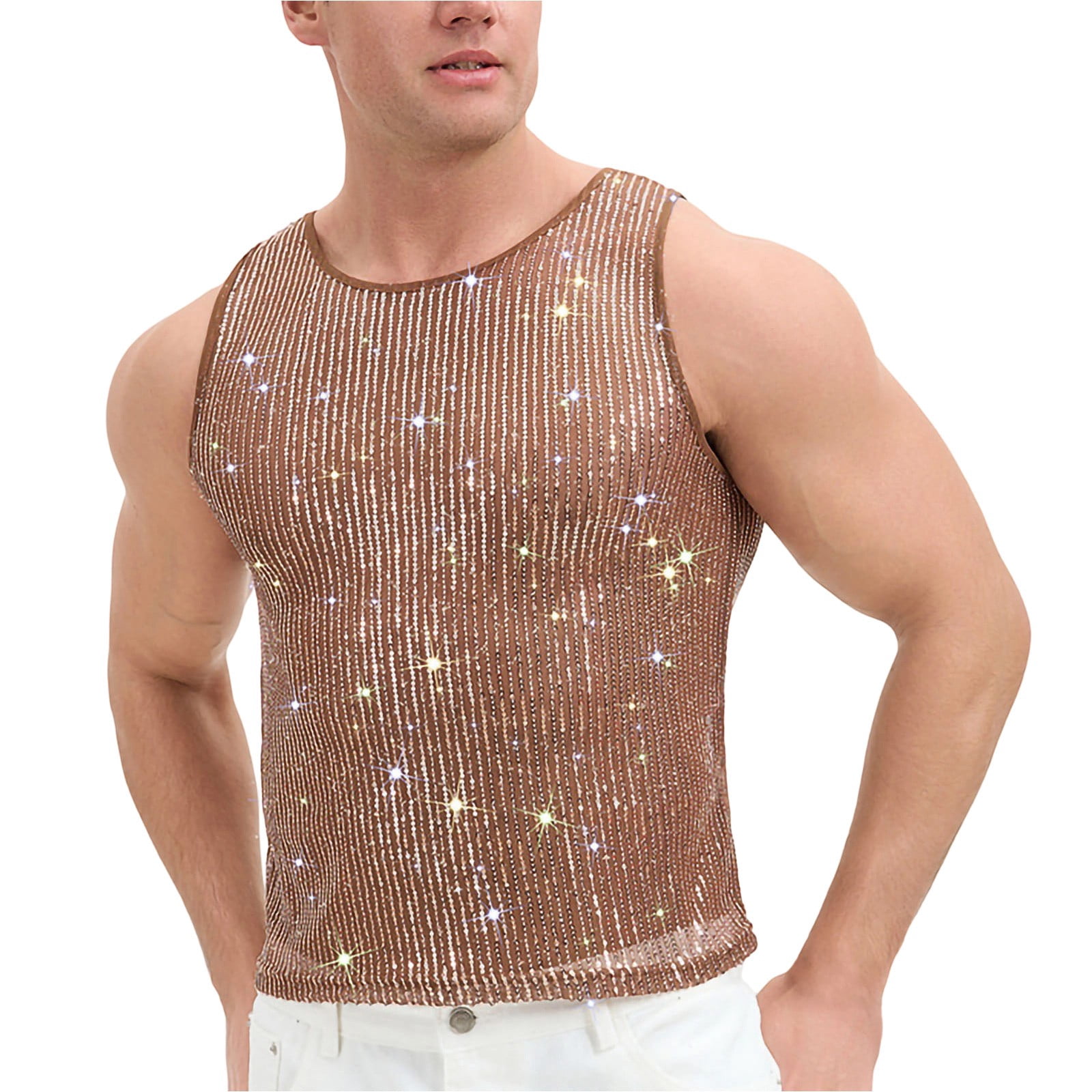 Avirosel Men's Sleeveless Sequin Tank Tops Round Neck Mesh Sparkly ...