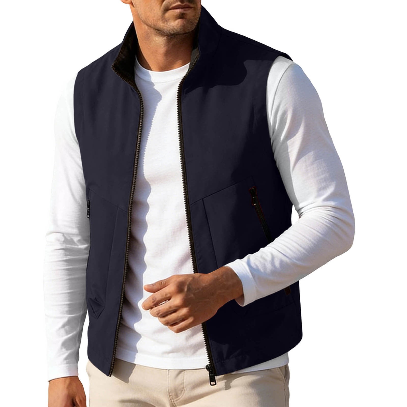 Avirosel Men's Solid Color Sleeveless Cardigan Jacket with Zipper and ...