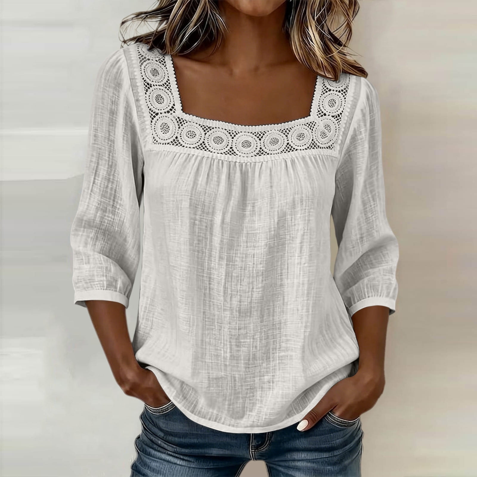 Avirosel Women's Casual 3/4 Sleeve Boho Peasant Gauze Blouse Top ...