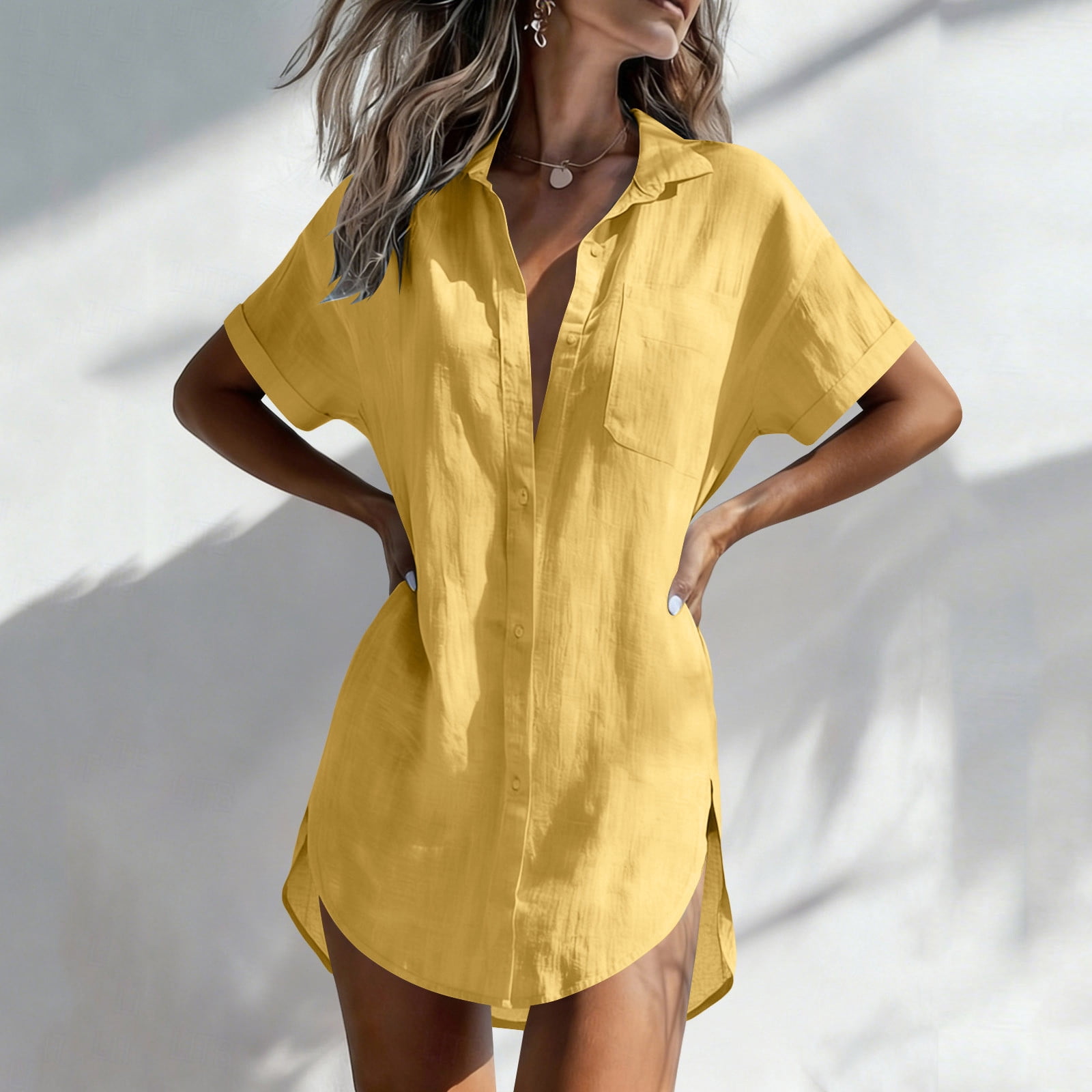Avirosel Women's Casual Cotton Loose Short Sleeve Shirt Button Down V ...