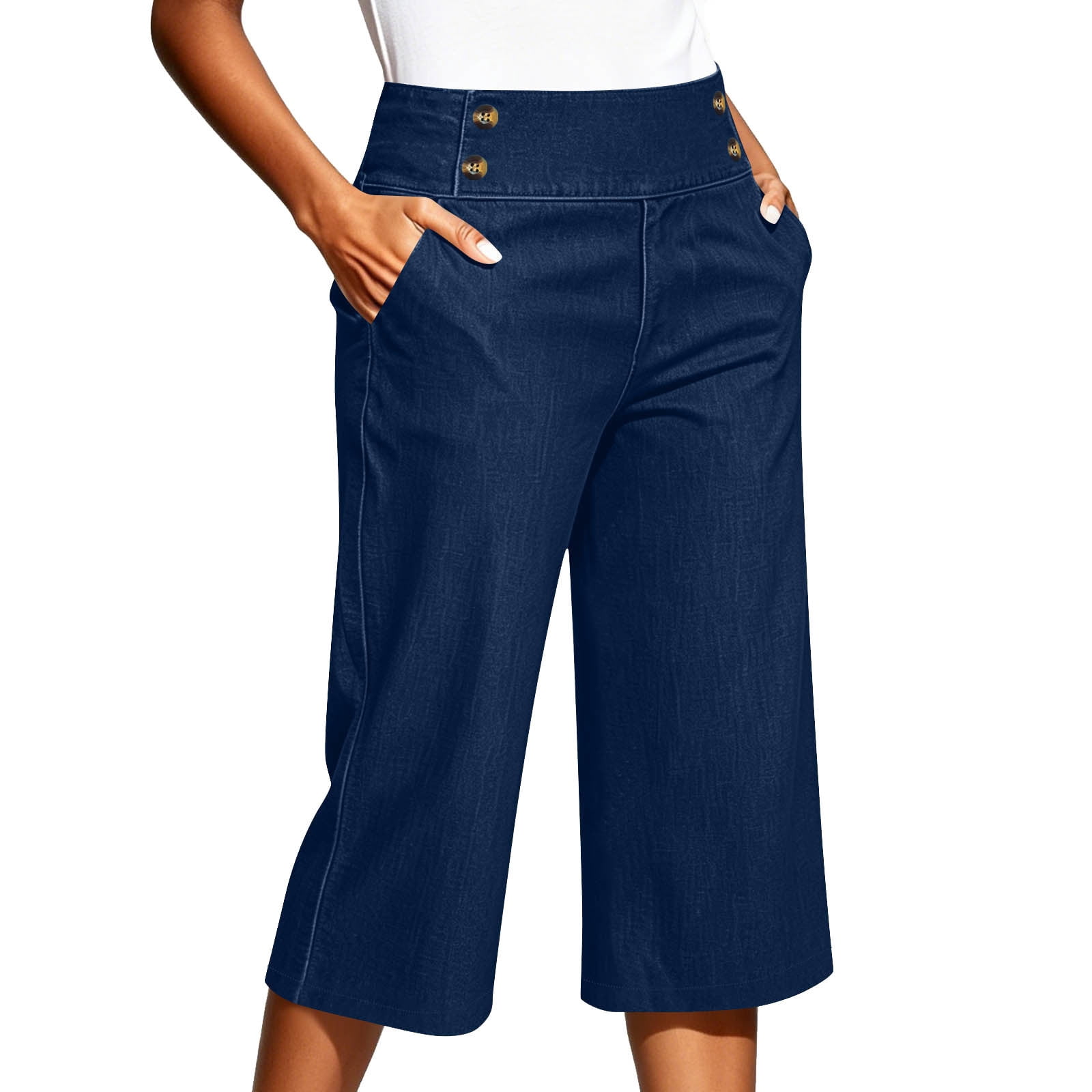 Avirosel Women's Casual High Waist Wide-Leg Denim Cropped Pants with ...