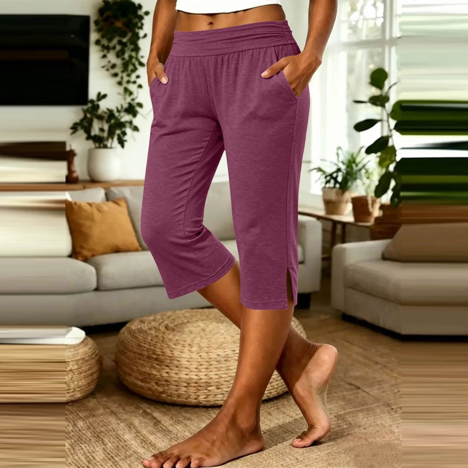 Avirosel Women's Casual Loose Solid Cropped Capri Pants Lounge Yoga ...