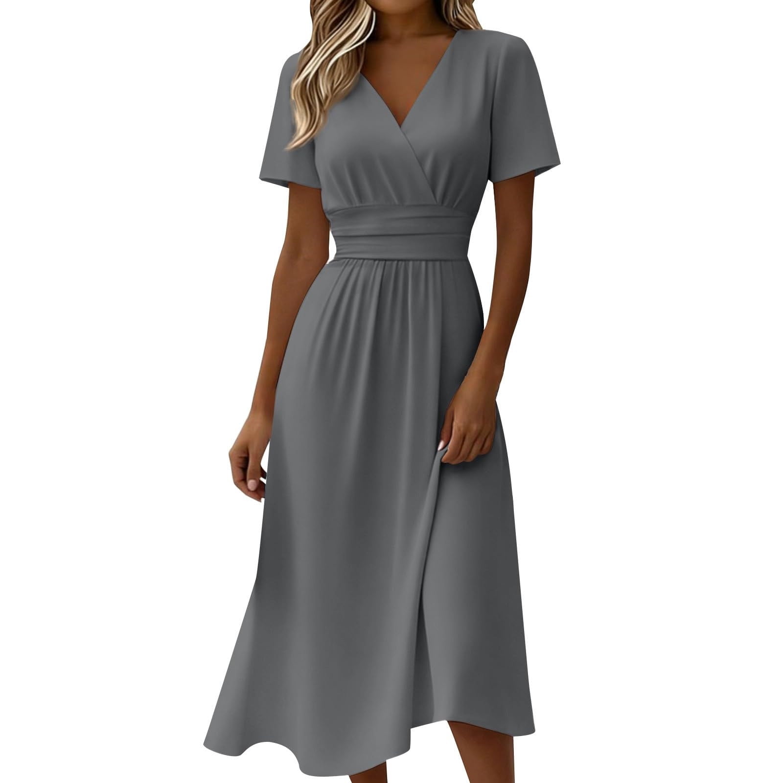 Avirosel Women's Casual Solid Color Dress Crew Neck Short Sleeve ...