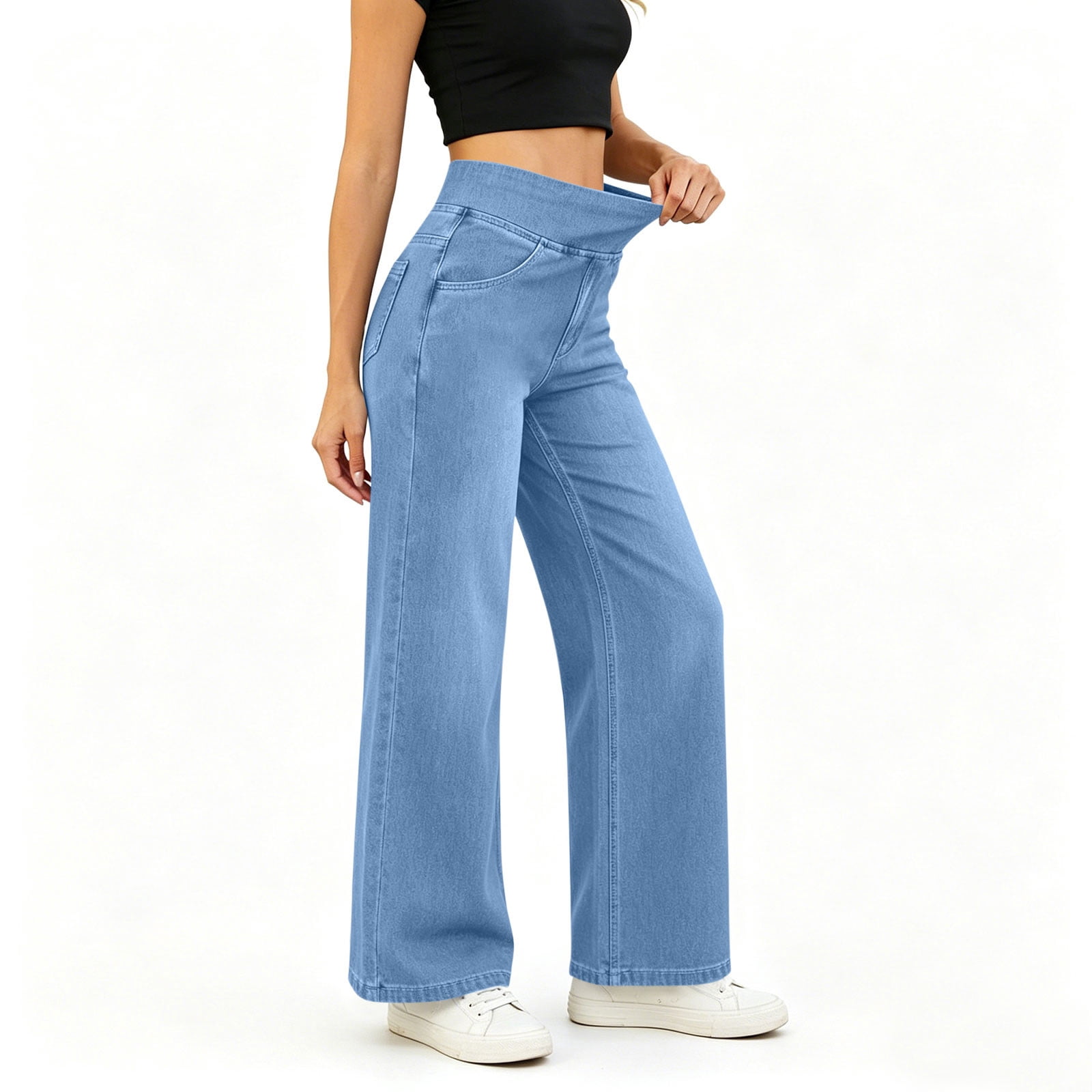 Avirosel Women's Casual Wide Leg Stretch Denim Pants High Waist Elastic ...