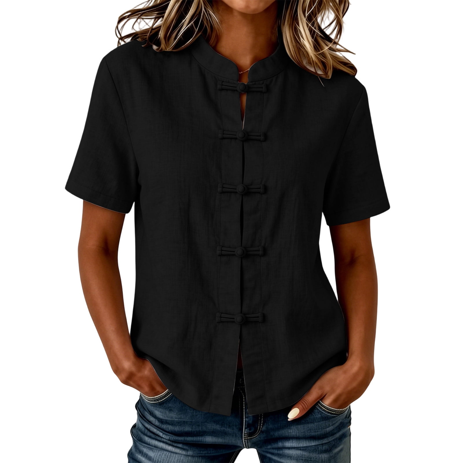 Avirosel Women's Cotton Linen Shirts Retro Mandarin Collar Chinese Frog ...