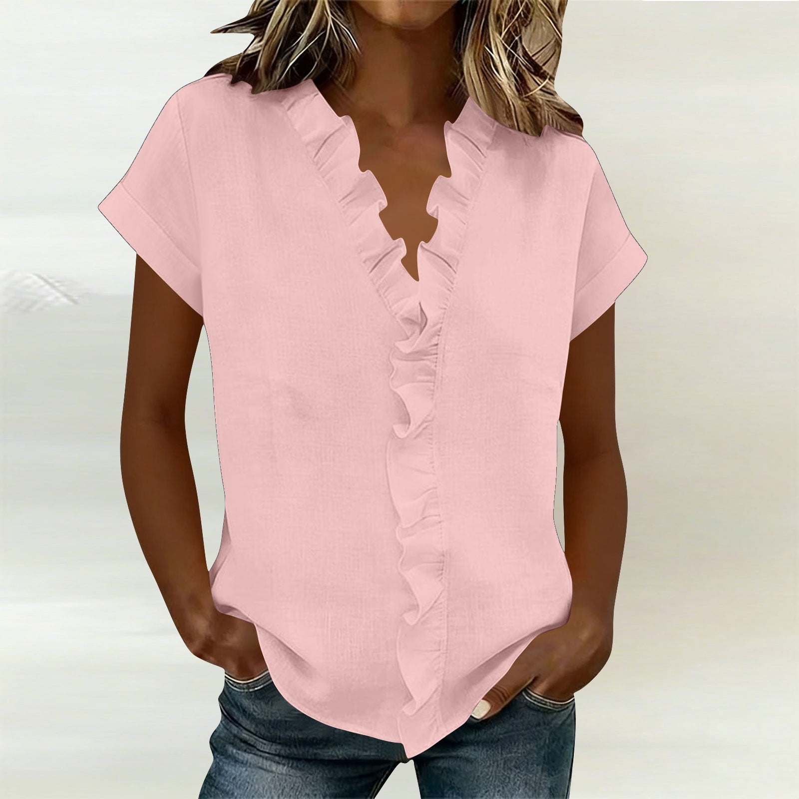 Avirosel Women's Dressy Casual Tops Ruffle Short Sleeve V Neck Blouses ...